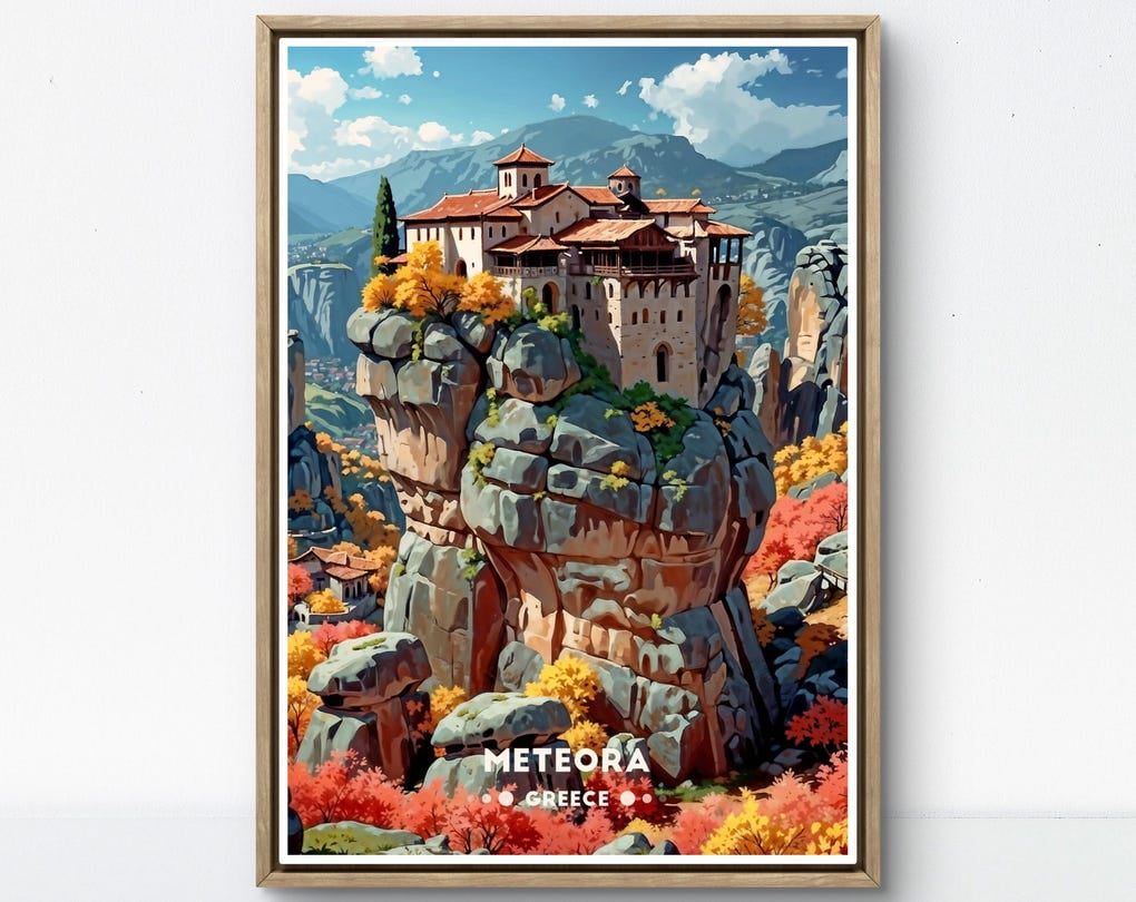 Meteora Vintage Poster Greece Monastery Art Iconic Cliffside Scenery ...