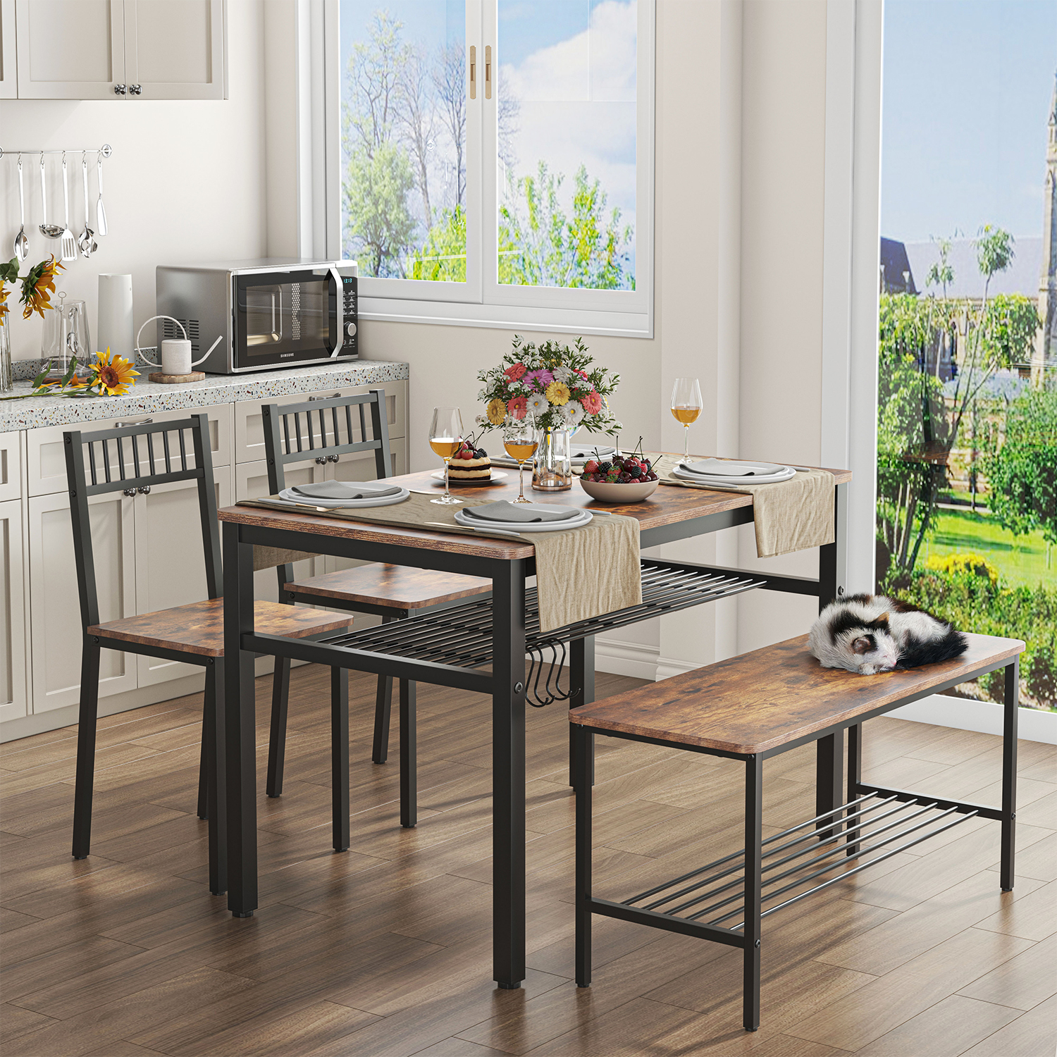 Gymax 4pcs Dining Table Set Rustic Desk 2 Chairs & Bench w/ Storage ...