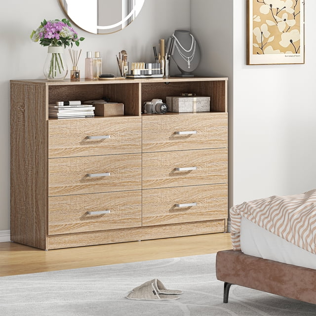 Meteorleg 6 Drawer Dresser with Open Storage,Natural Wood Dresser ...