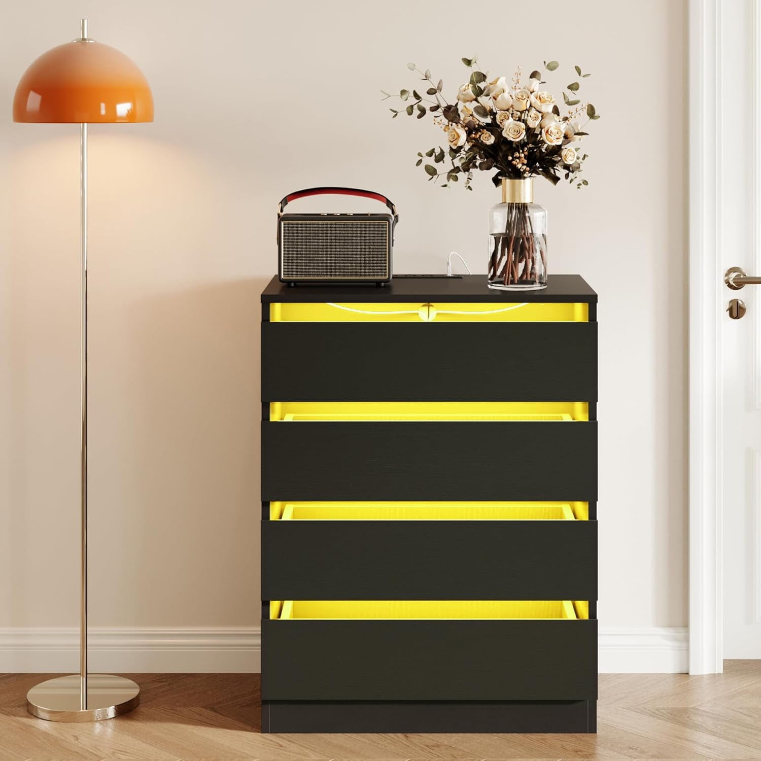 Meteorleg Black Dresser with LED Lights, Vertical Chest of 4 Drawers ...