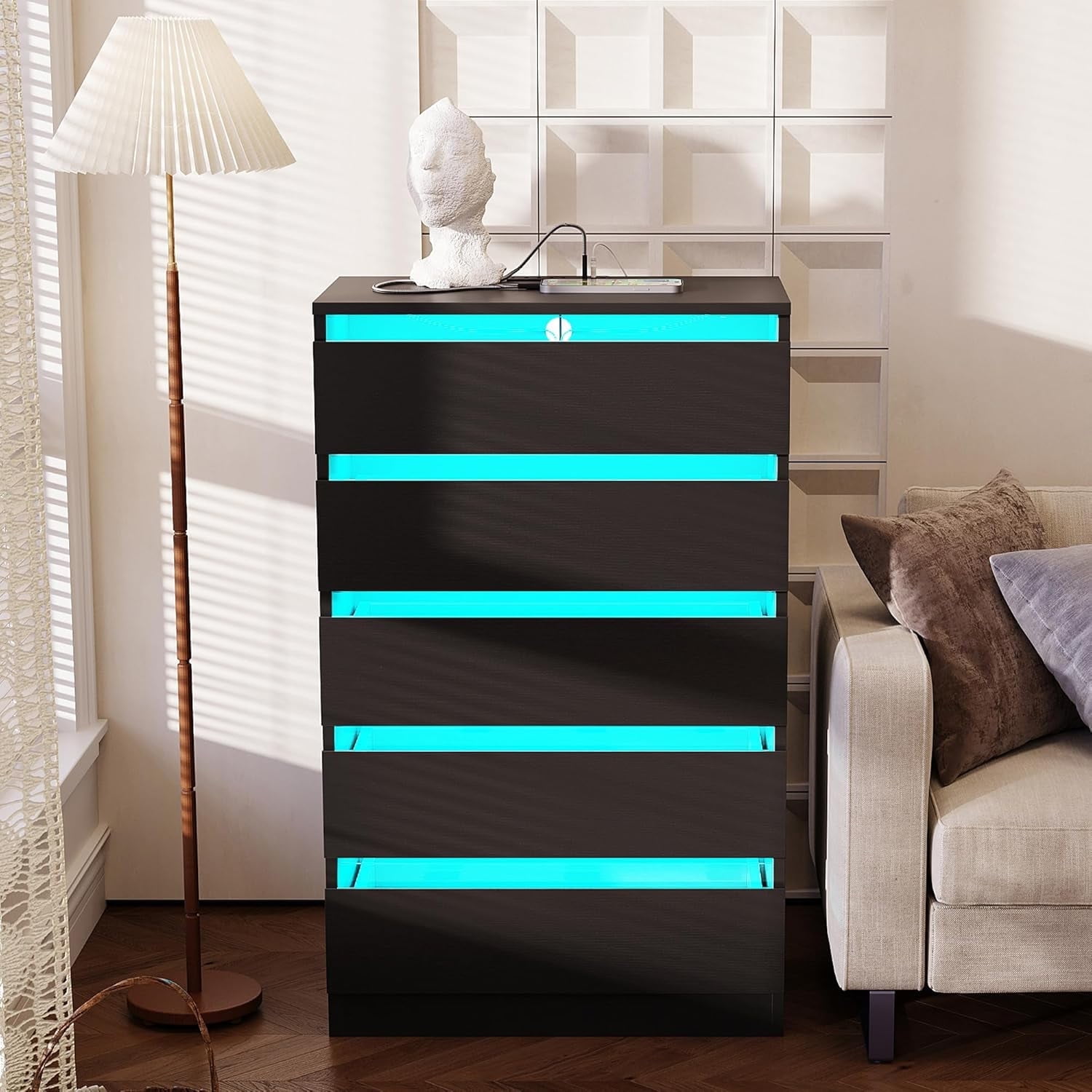 Meteorleg Black Dresser with LED Lights, Vertical Chest of 5 Drawers ...
