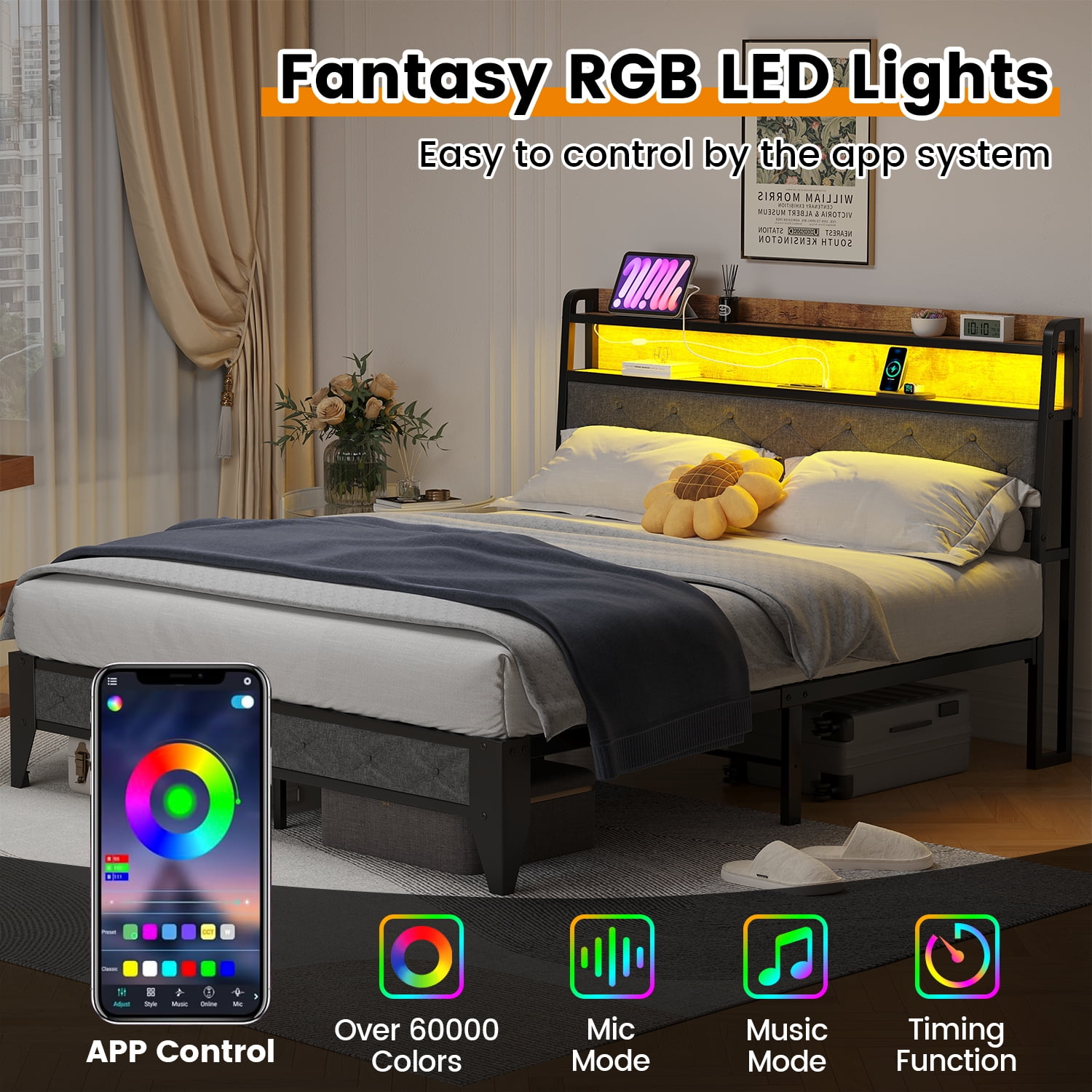 Meteorleg Full Size Bed Frame with Storage Headboard & Charging Station ...