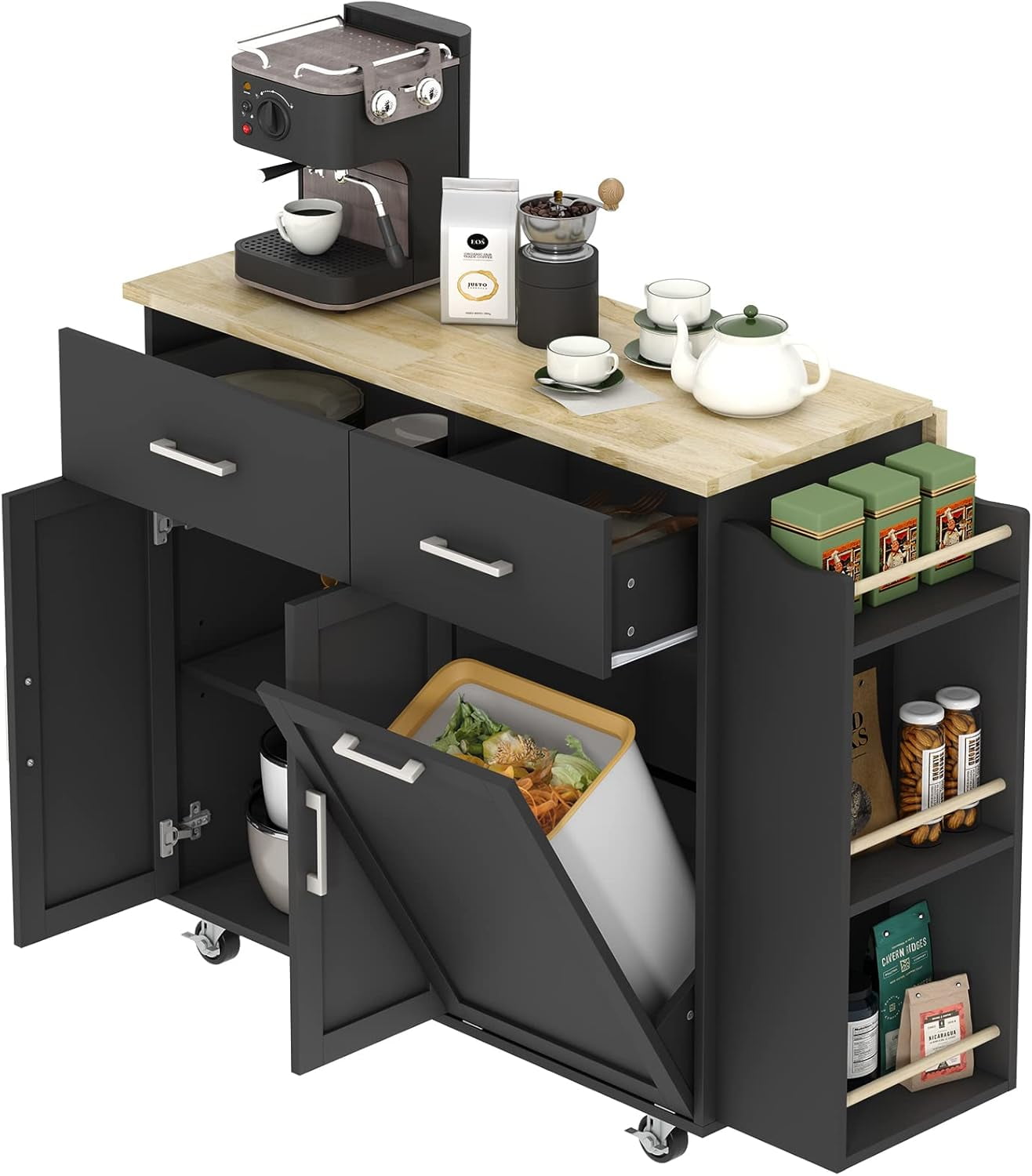 Meteorleg Rolling Kitchen Island with Drop Leaf, Tilt Out Kitchen Trash ...