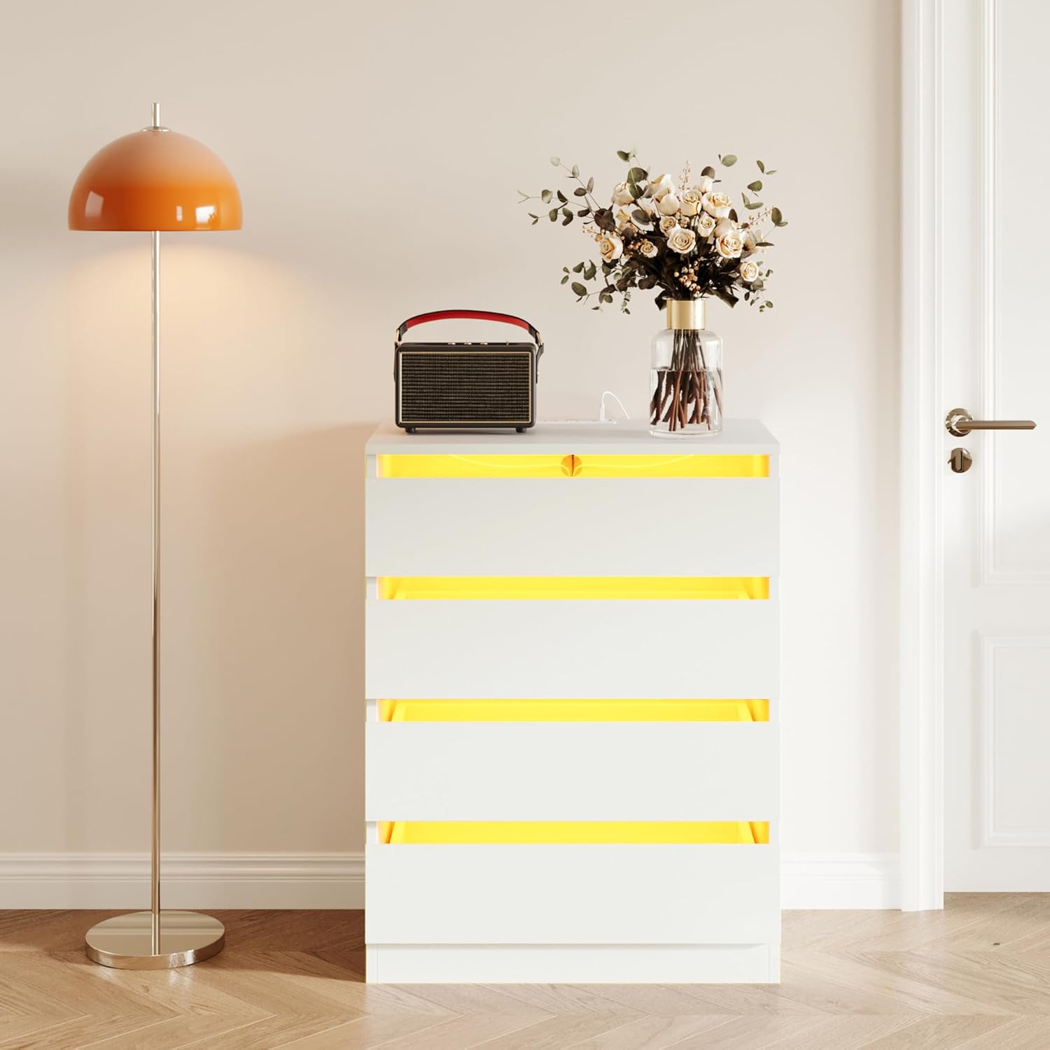 Meteorleg White Dresser with LED Lights, Vertical Chest of 4 Drawers ...