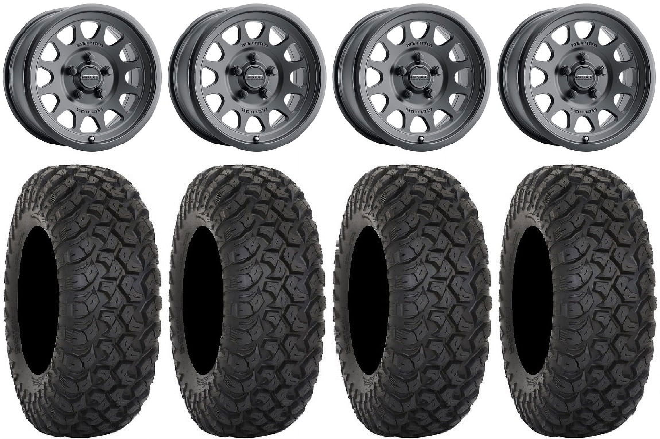 Method 414 15" Wheels Black +38mm 32" RT320 Tires Polaris RZR Turbo R ...