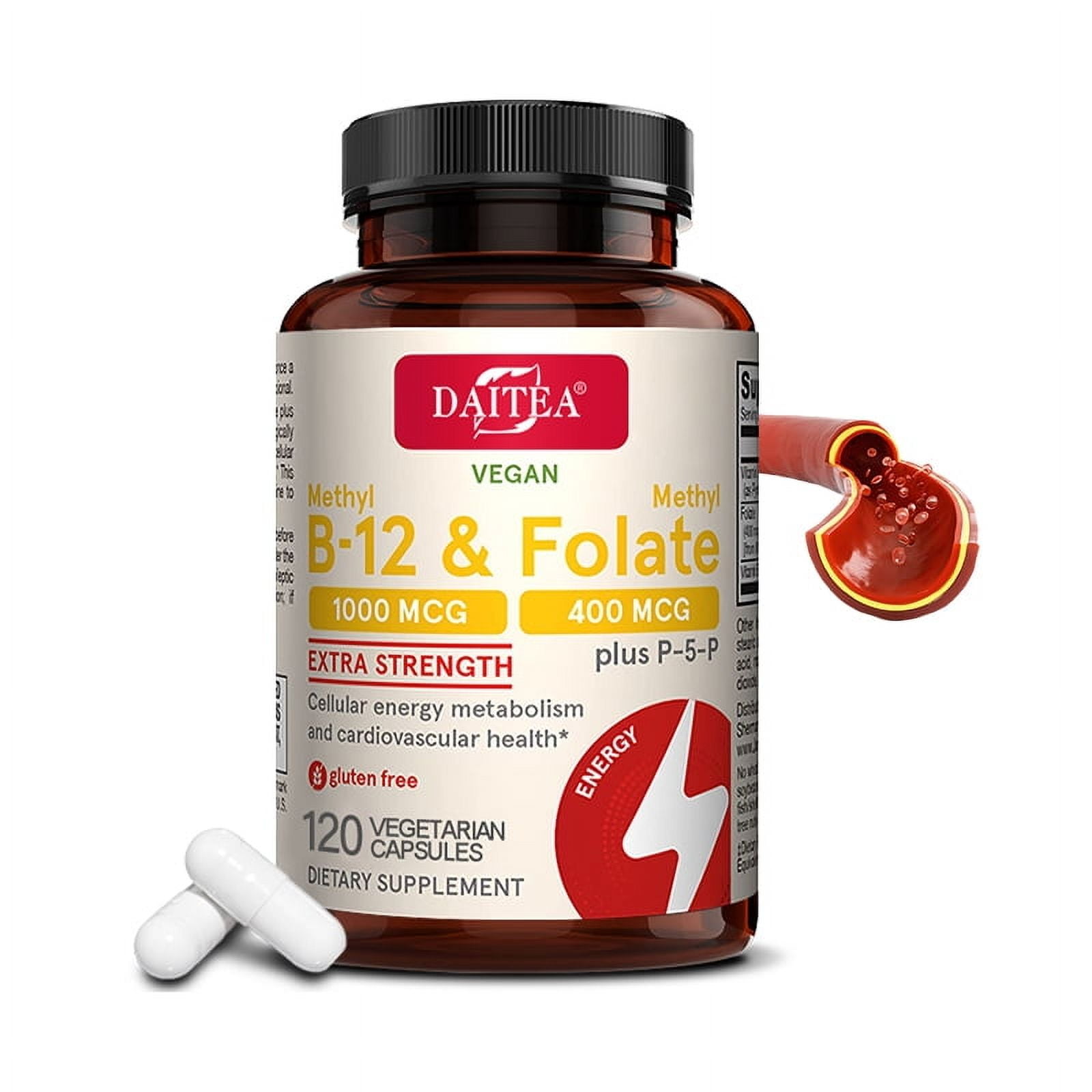 Methy B-12 1000 mcg & Methyl Folate 400 mcg - Support Body Energy and Cardiovascular Health ...