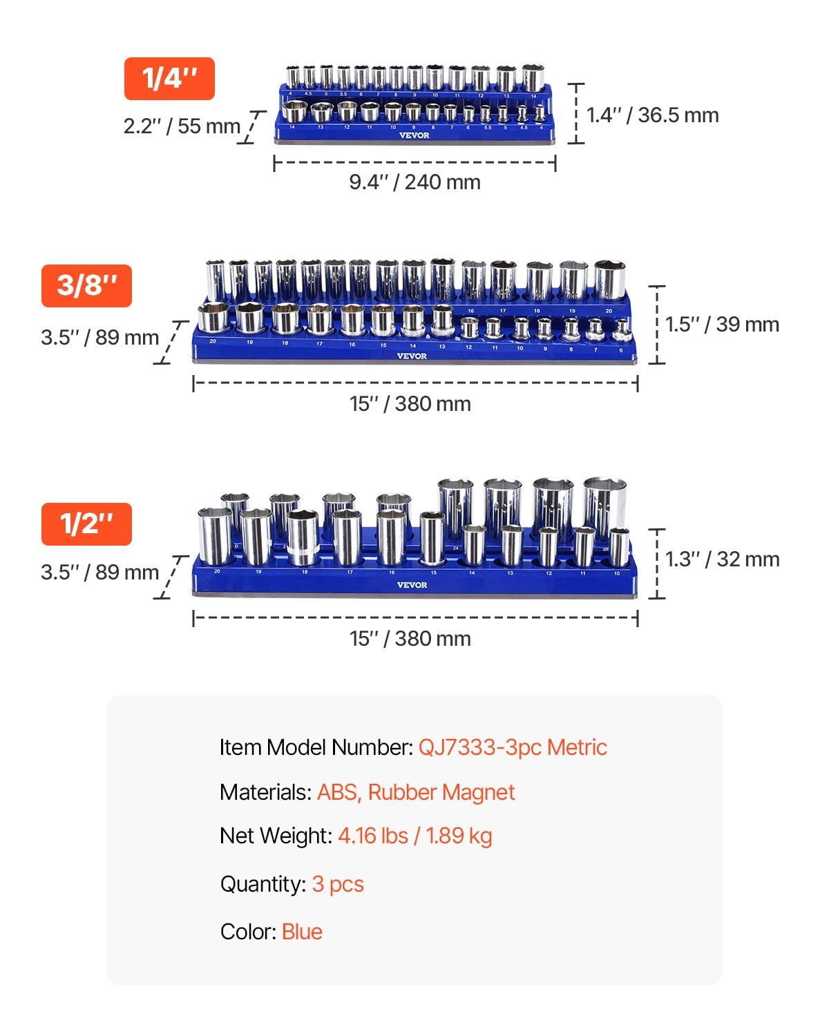 Metric Socket Organizer 3PCS - Blue Magnetic Trays for Toolbox & Garage ...