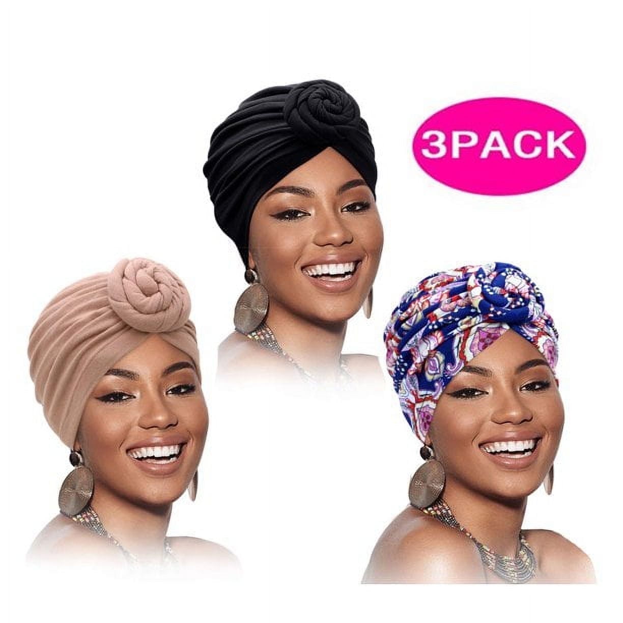 Afro Style Women's Headwrap - 3 PCS Fashion Wide Scarf Turban Knot Hat in Black, Blue Flower ...