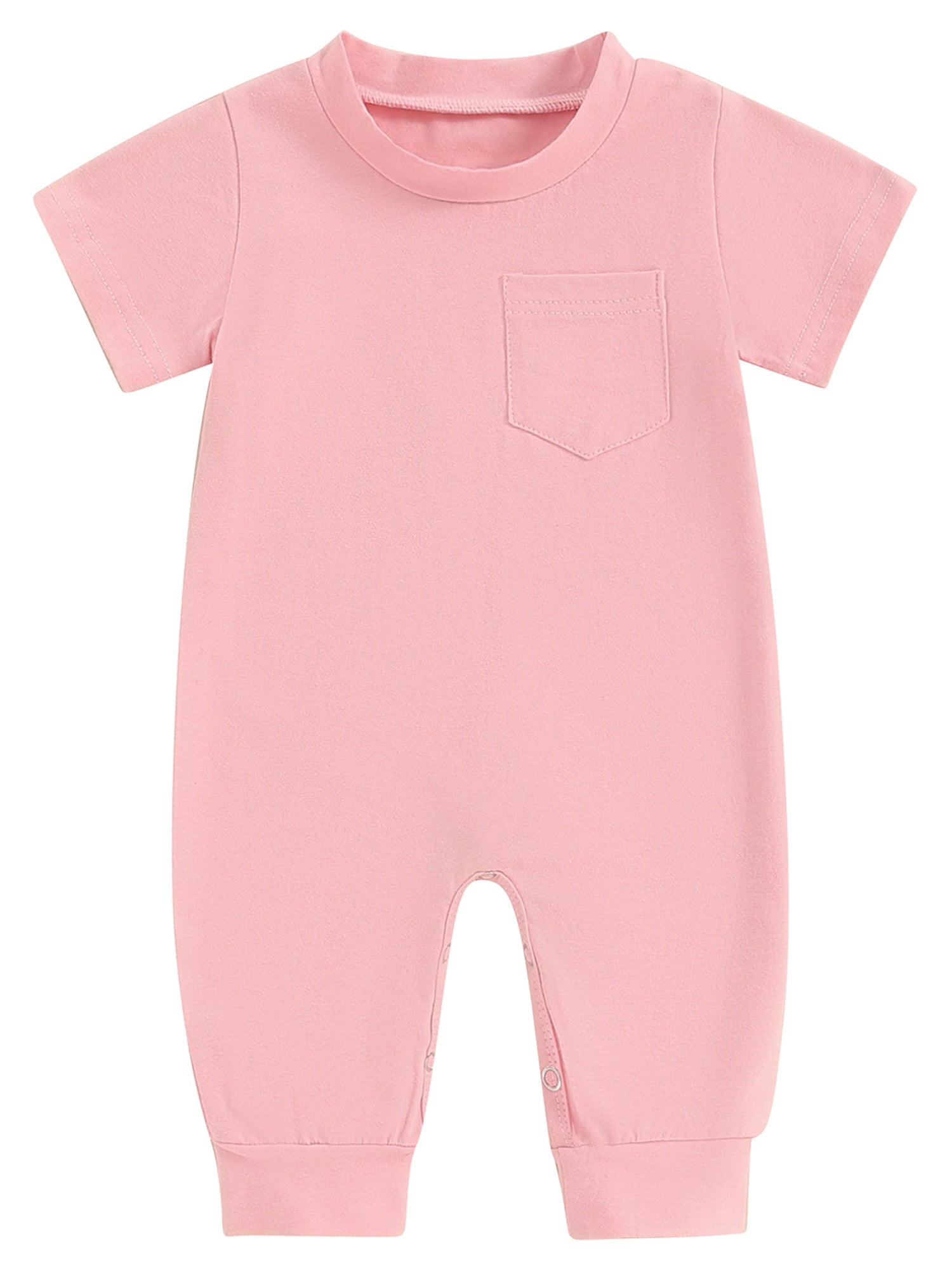 Mevireiy Baby Girl Boy Jumpsuit Solid Color Pocket Short Sleeve Romper Pants Outfits,Pink,3-6 ...