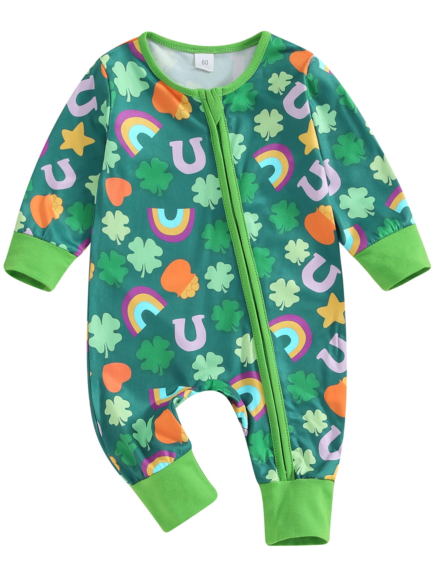 Mevireiy Baby Girl Boy Outfits Shamrock Print Zipper Jumpsuit Long ...