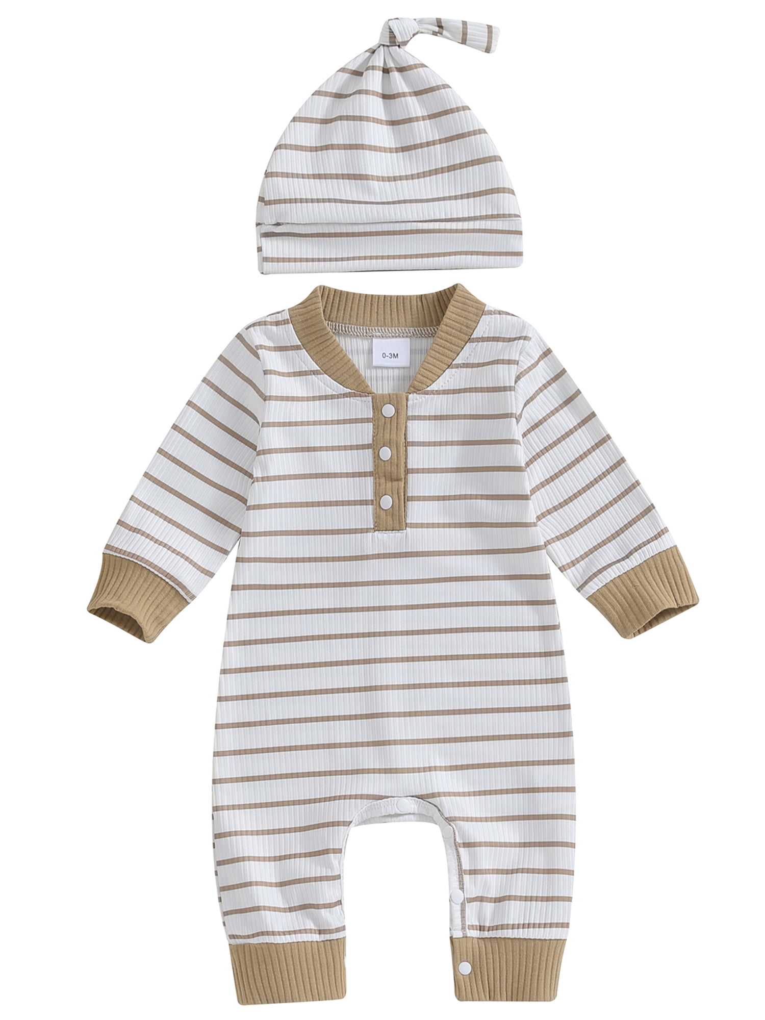 Mevireiy Baby Girl Boy Outfits Striped Knit Jumpsuit Long Sleeve Button Romper with Hat,Khaki,6 ...