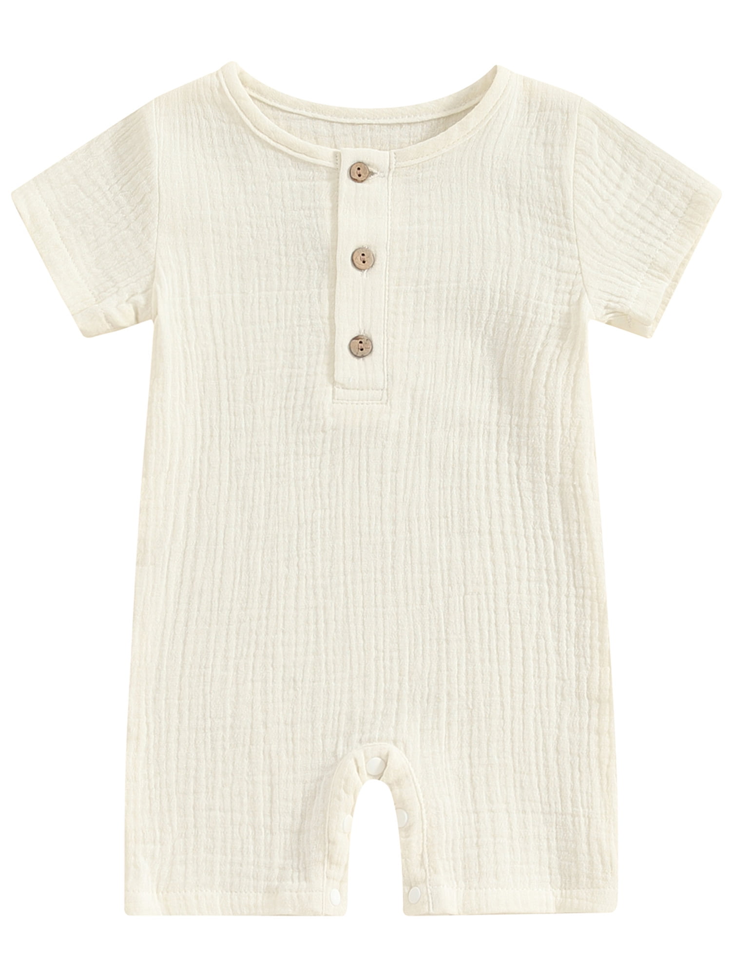 Mevireiy Baby Girl Boy Romper Short Sleeve Button Solid Color Onesie Shorts Jumpsuit, Beige, 12 ...