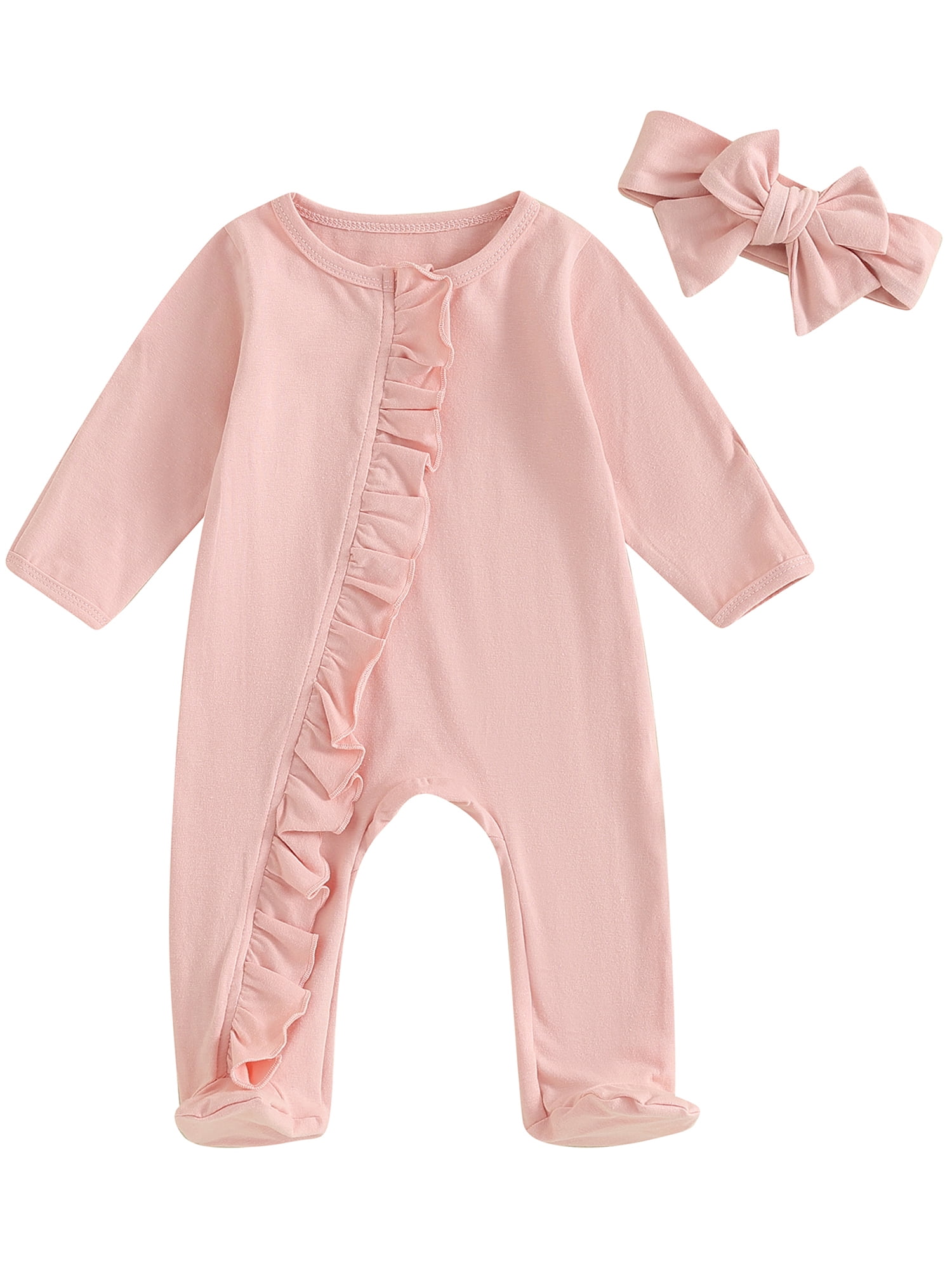 Mevireiy Baby Girl Boy Ruffle Footie Romper Onesie Jumpsuit Long Sleeve Zipper Sleeper, Pink ...