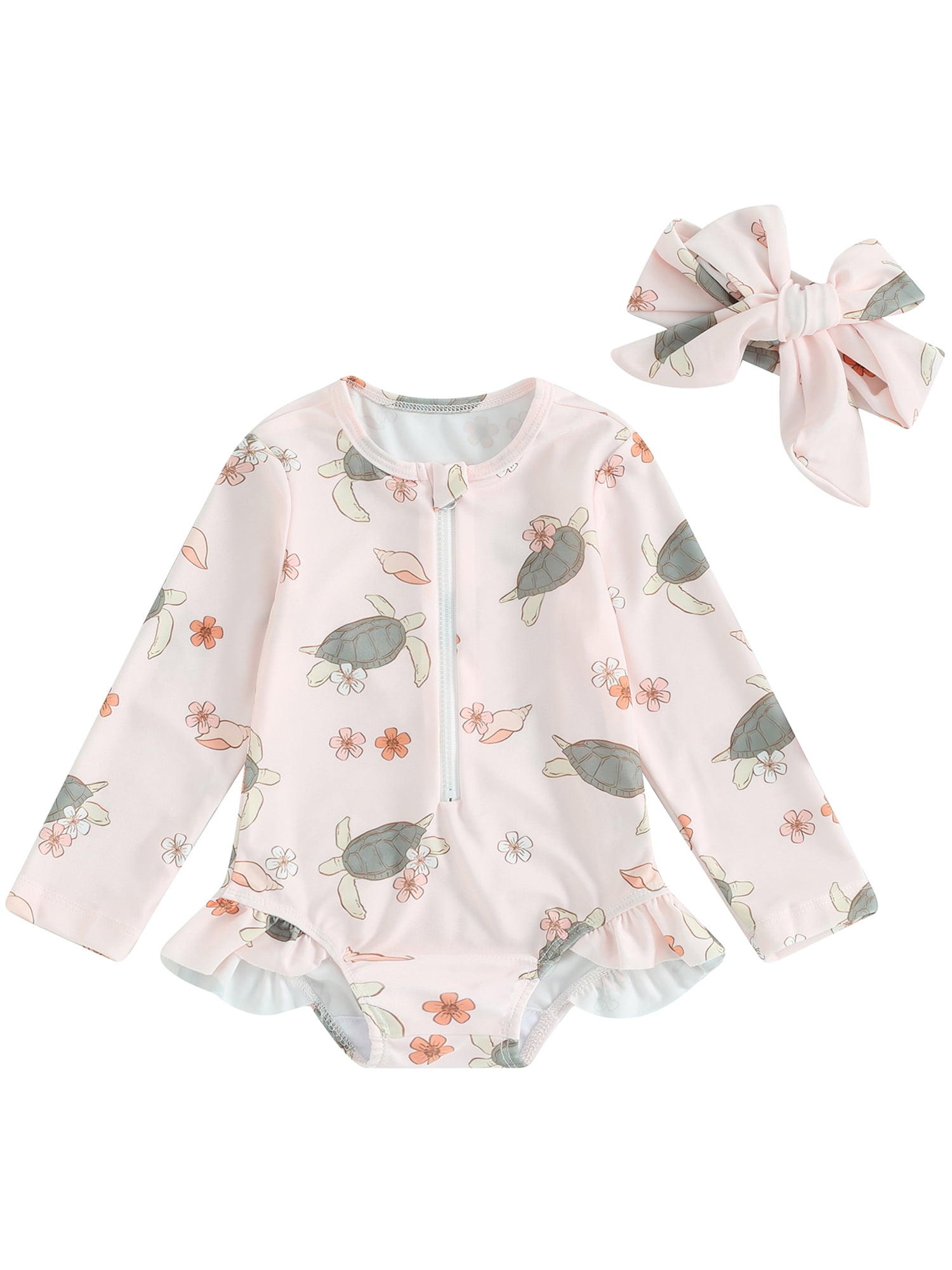 Mevireiy Baby Girl One Piece Swimsuit Floral Long Sleeve Zipper Rash Guard Beach Sunsuit ...