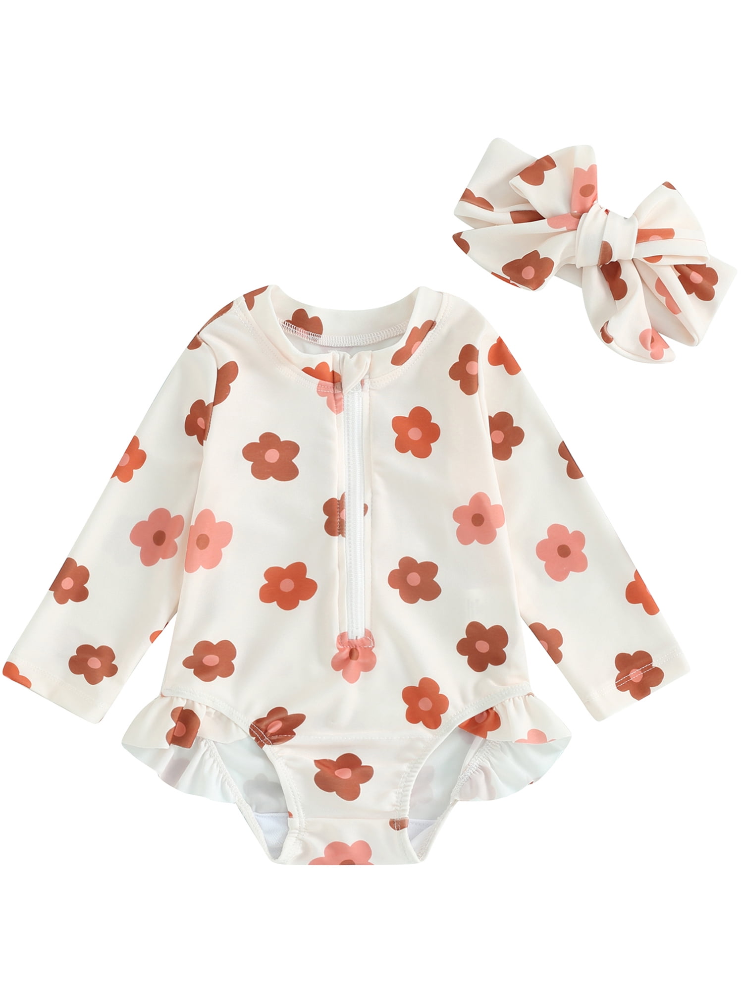 Mevireiy Baby Girl One Piece Swimsuit Floral Long Sleeve Zipper Rash Guard Beach Sunsuit ...