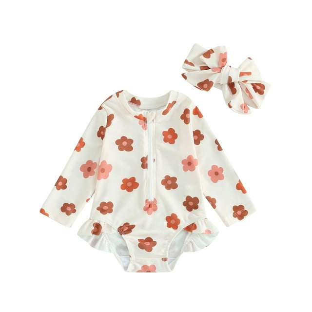 Mevireiy Baby Girl One Piece Swimsuit Floral Long Sleeve Zipper Rash Guard Beach Sunsuit ...