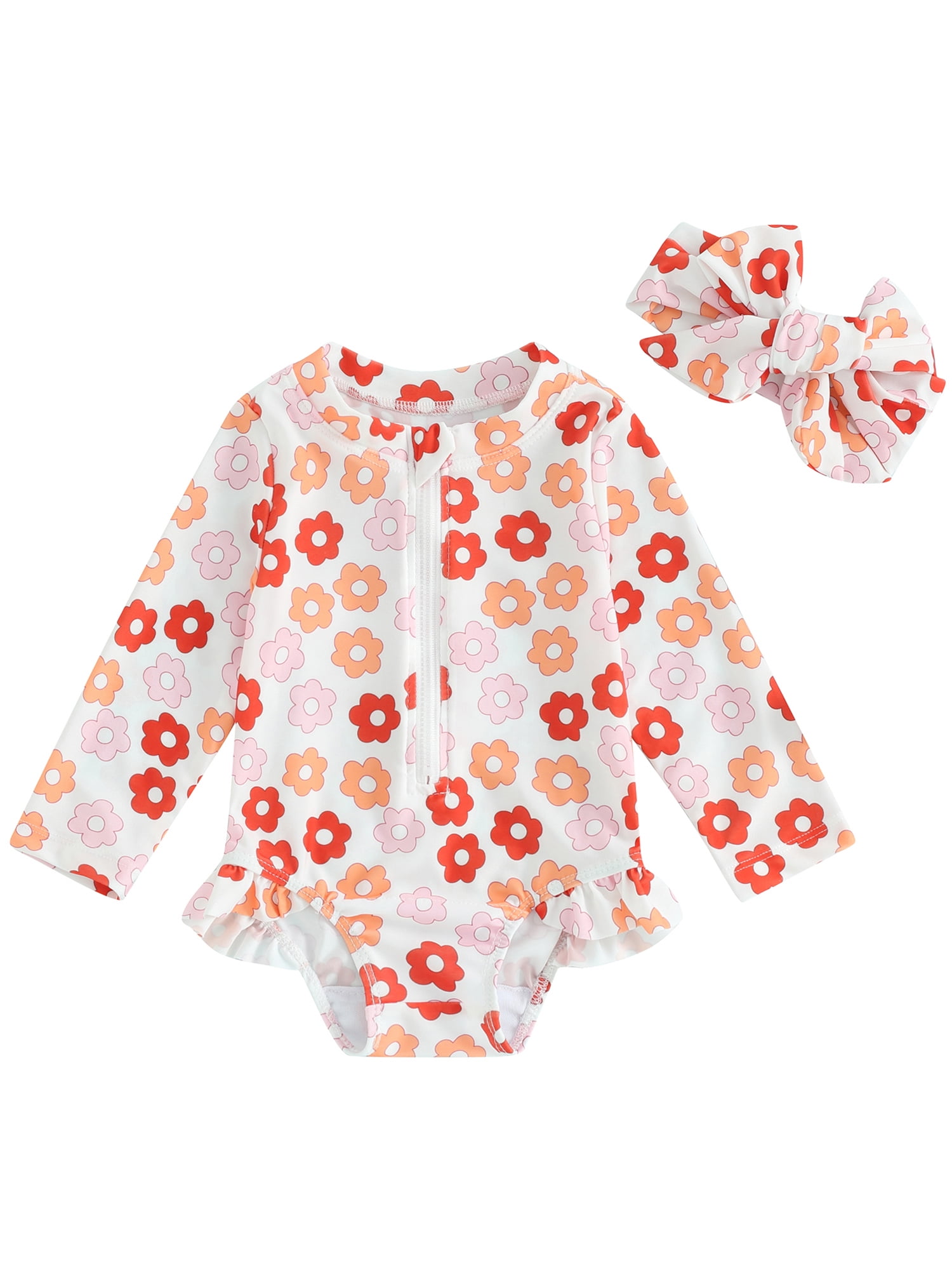 Mevireiy Baby Girl One Piece Swimsuit Floral Long Sleeve Zipper Rash Guard Beach Sunsuit ...