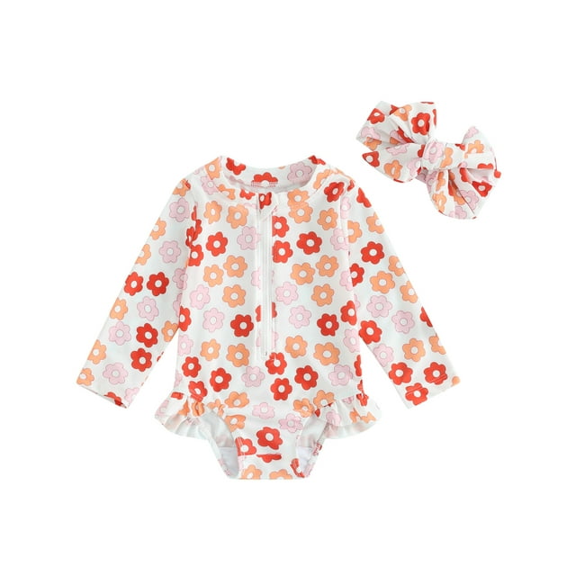 Mevireiy Baby Girl One Piece Swimsuit Floral Long Sleeve Zipper Rash Guard Beach Sunsuit ...