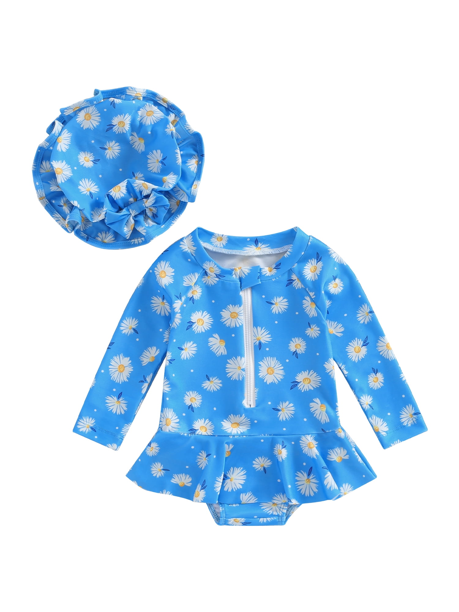Mevireiy Baby Girl Rash Guard Bikini Swimsuit Floral Print One Piece Swimwear Sun Hat,Blue,9-12 ...