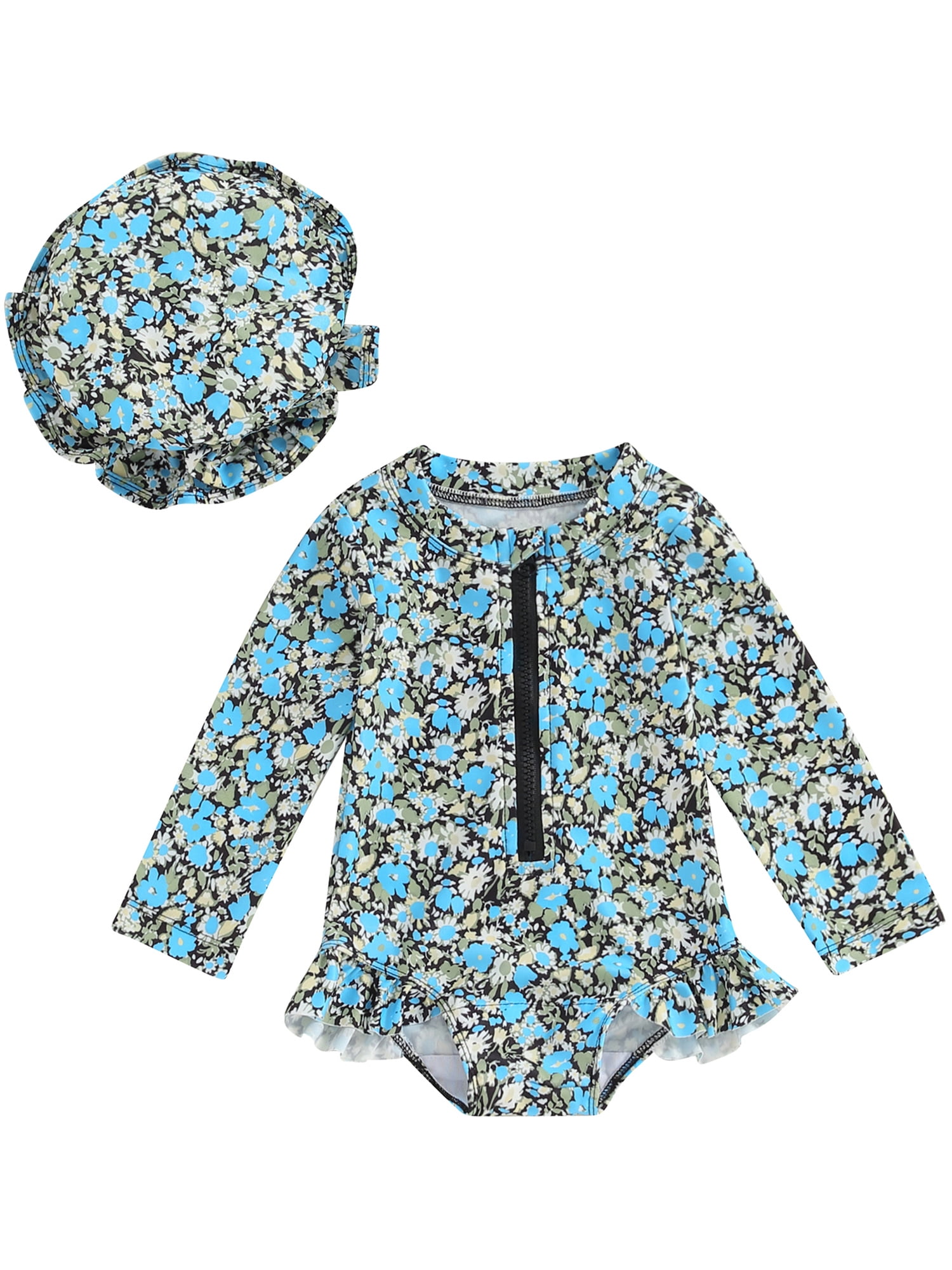 Mevireiy Baby Girl Rash Guard Swimsuit Floral Print Long Sleeve Zipper One Piece Bikini, Blue ...