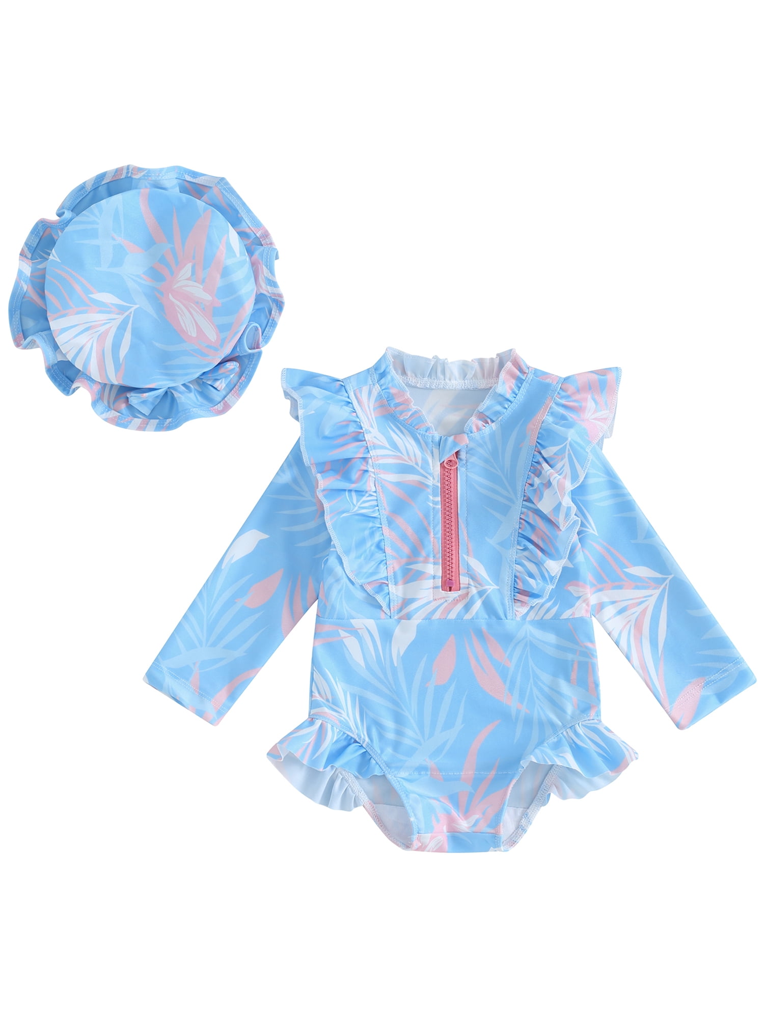 Mevireiy Baby Girl Rash Guard Swimsuit Floral Print Long Sleeve Zipper One Piece Bikini, Blue, 6 ...