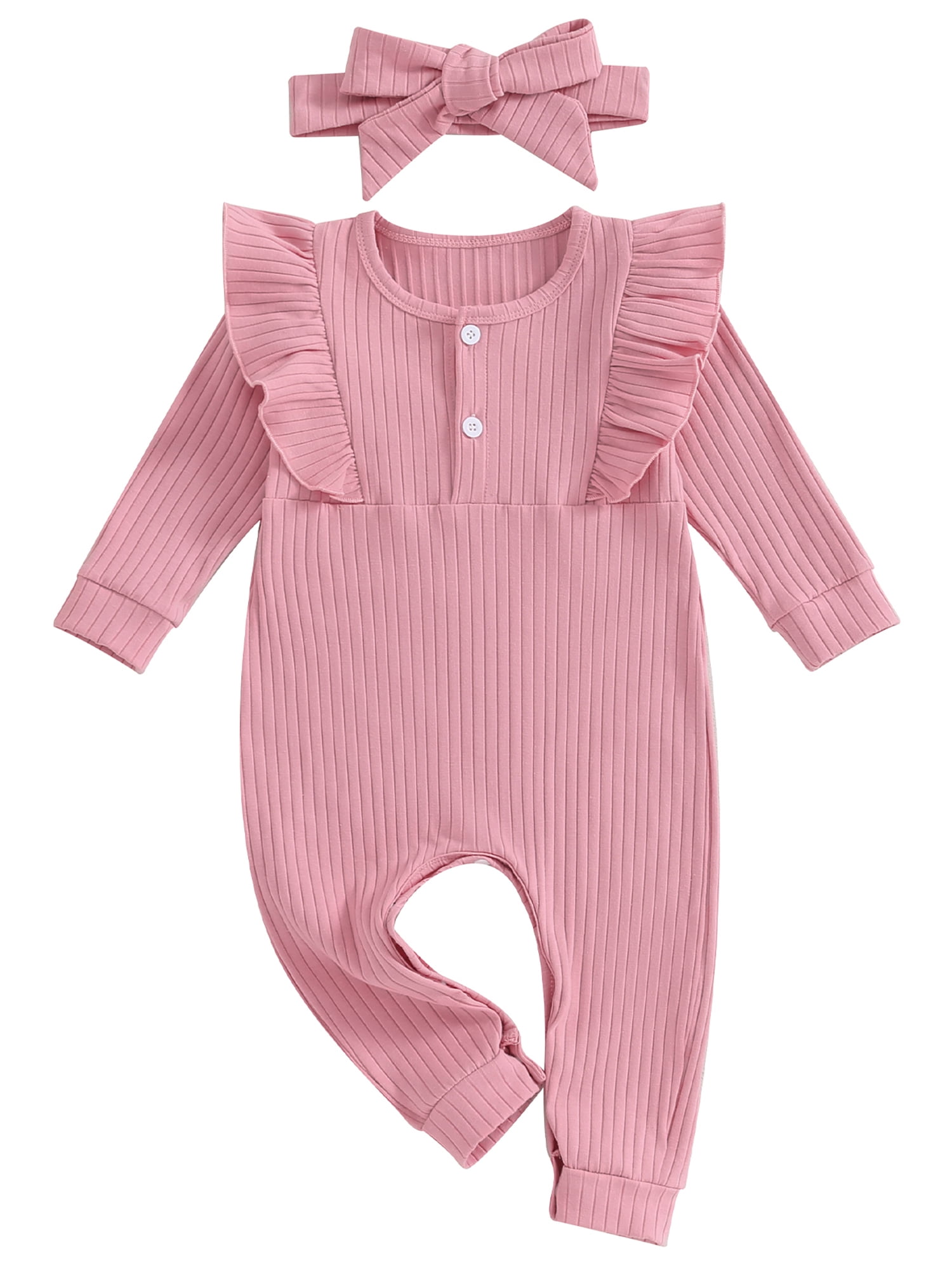 Mevireiy Baby Girl Ribbed Knit Jumpsuit Button Long Sleeve Onesie Bodysuit Headband, Pink, 0-3 ...