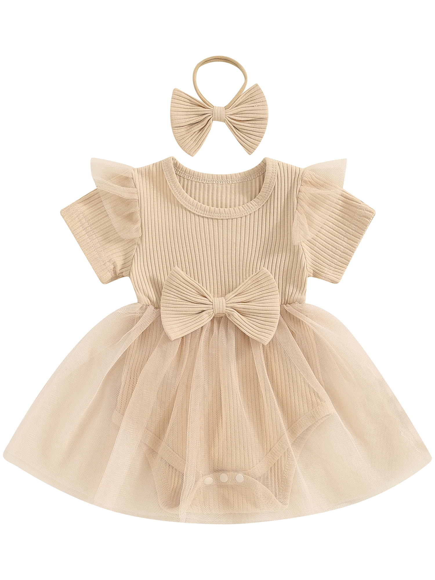 Mevireiy Baby Girl Ribbed Knit Romper Dress Mesh Tulle Skirt Hem Onesie Bodysuit Outfits, Beige ...