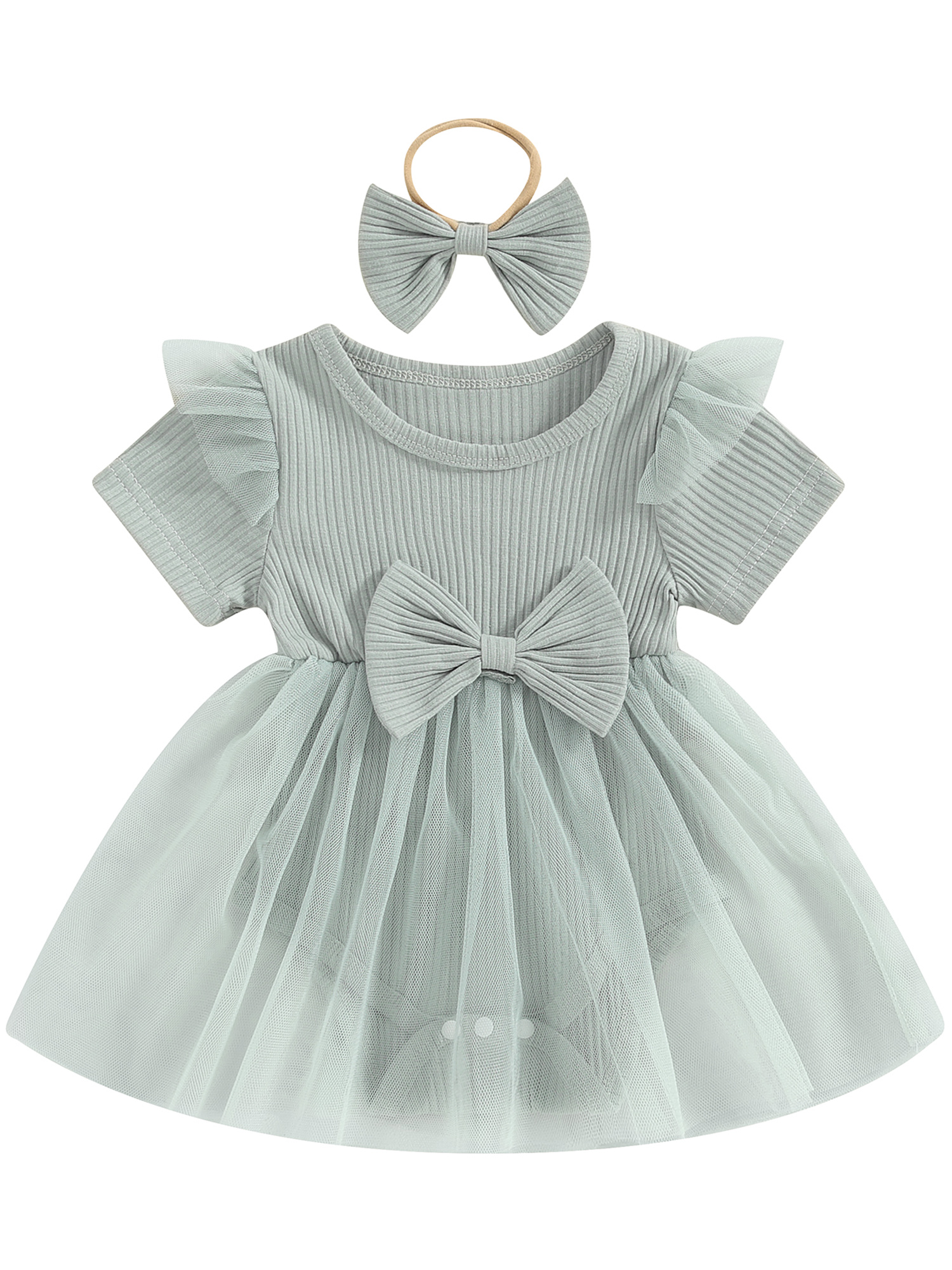 Mevireiy Baby Girl Ribbed Knit Romper Dress Mesh Tulle Skirt Hem Onesie Bodysuit Outfits, Green ...