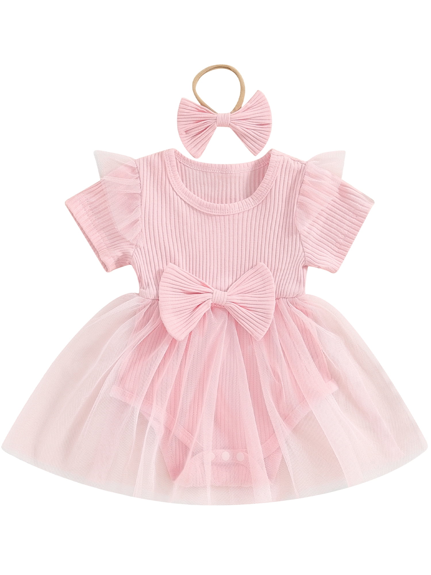 Mevireiy Baby Girl Ribbed Knit Romper Dress Mesh Tulle Skirt Hem Onesie Bodysuit Outfits, Pink ...