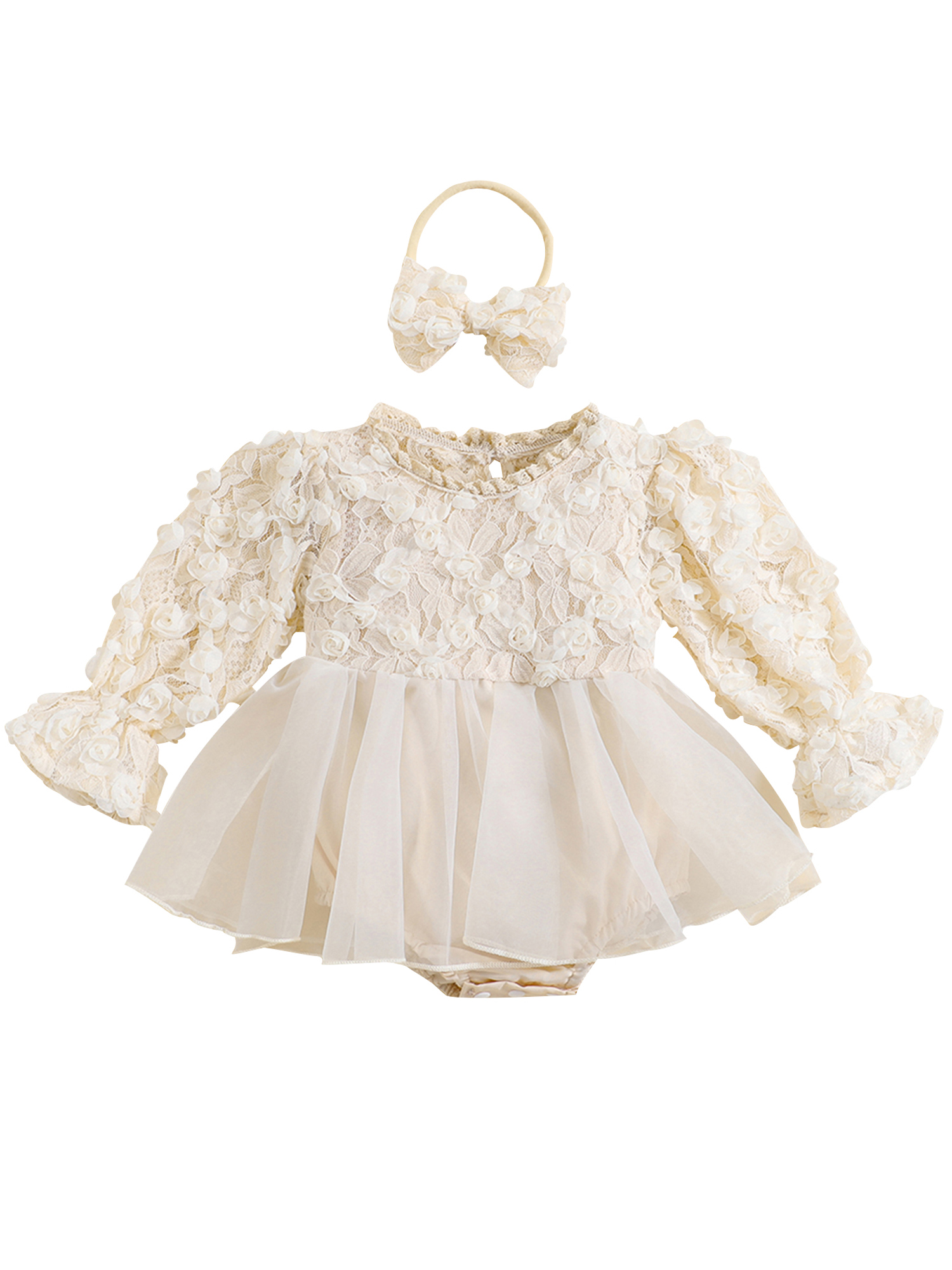 Mevireiy Baby Girl Romper Dress Long Sleeve Lace Floral Tulle Patchwork Bodysuit Outfits, Beige ...