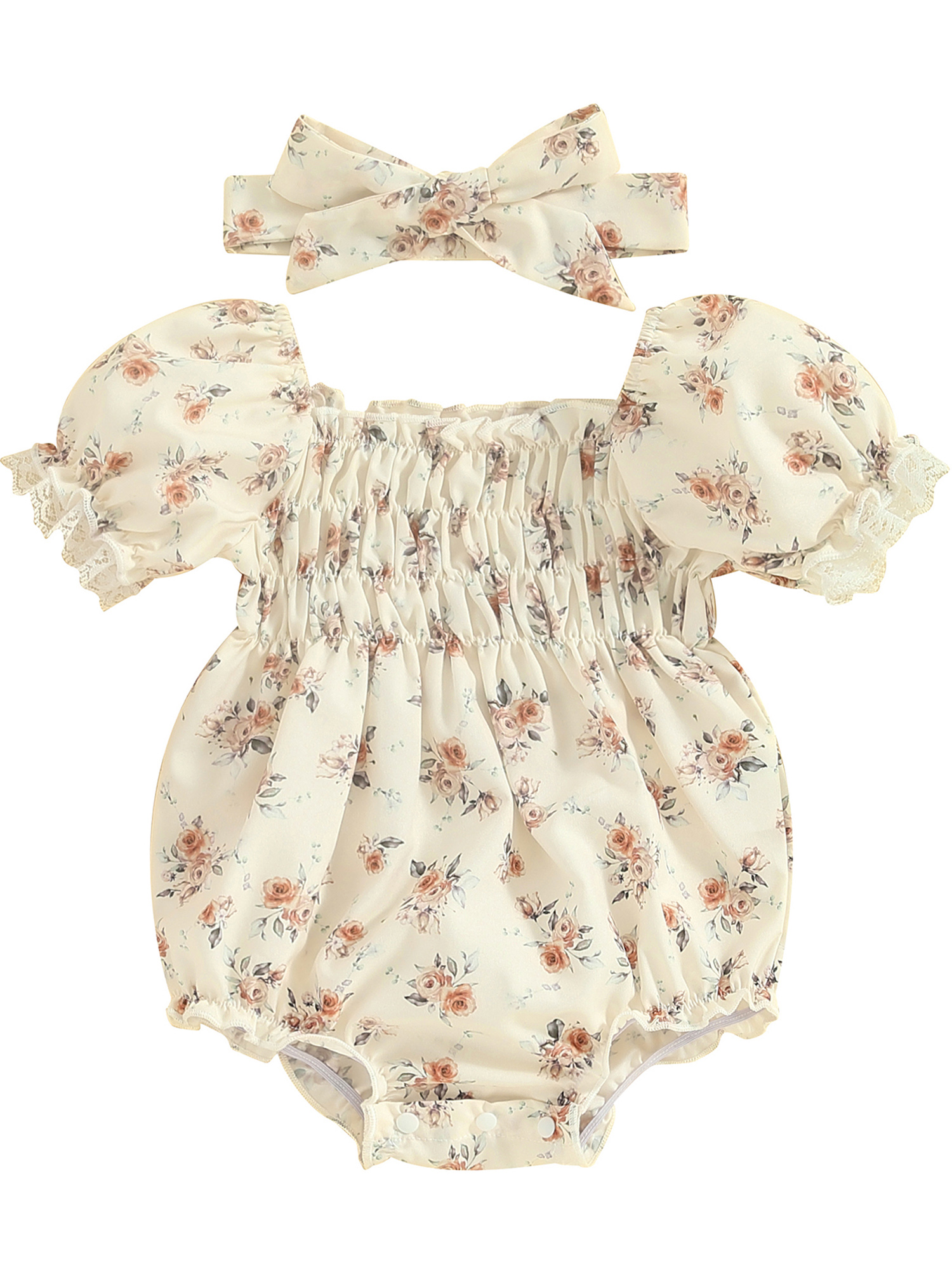 Mevireiy Baby Girl Ruched Romper Lace Trim Puff Sleeve Floral Print Onesie Bodysuit Tops, Beige ...