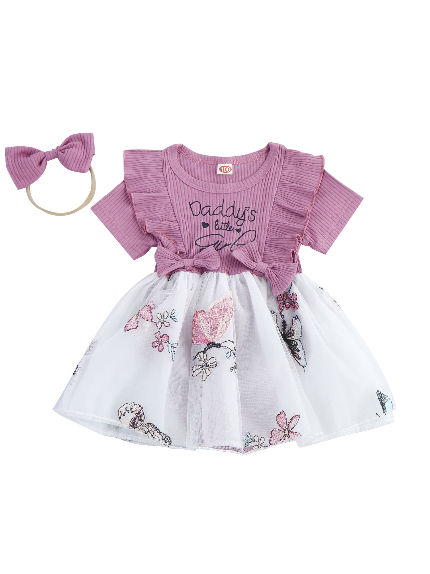 Mevireiy Baby Girl Ruffle Romper Dress Short Sleeve Floral Print Tulle Skirt Hem Outfits,Purple ...