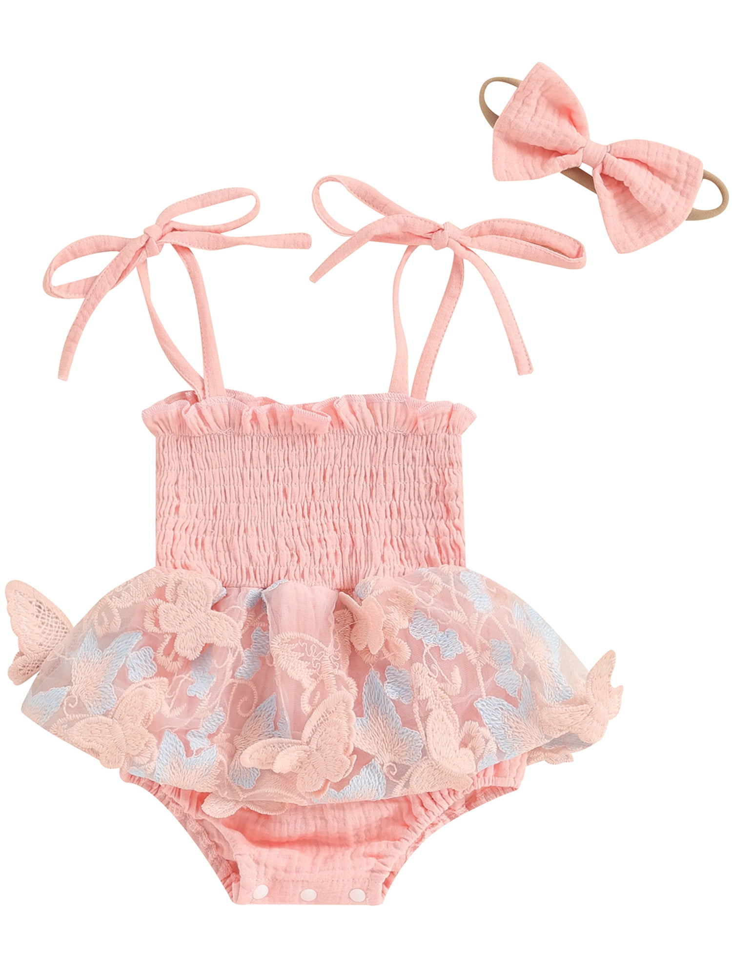 Mevireiy Baby Girl Sleeveless Halter Romper Ruched Butterfly Embroidery Skirt Hem Bodysuit,Pink ...