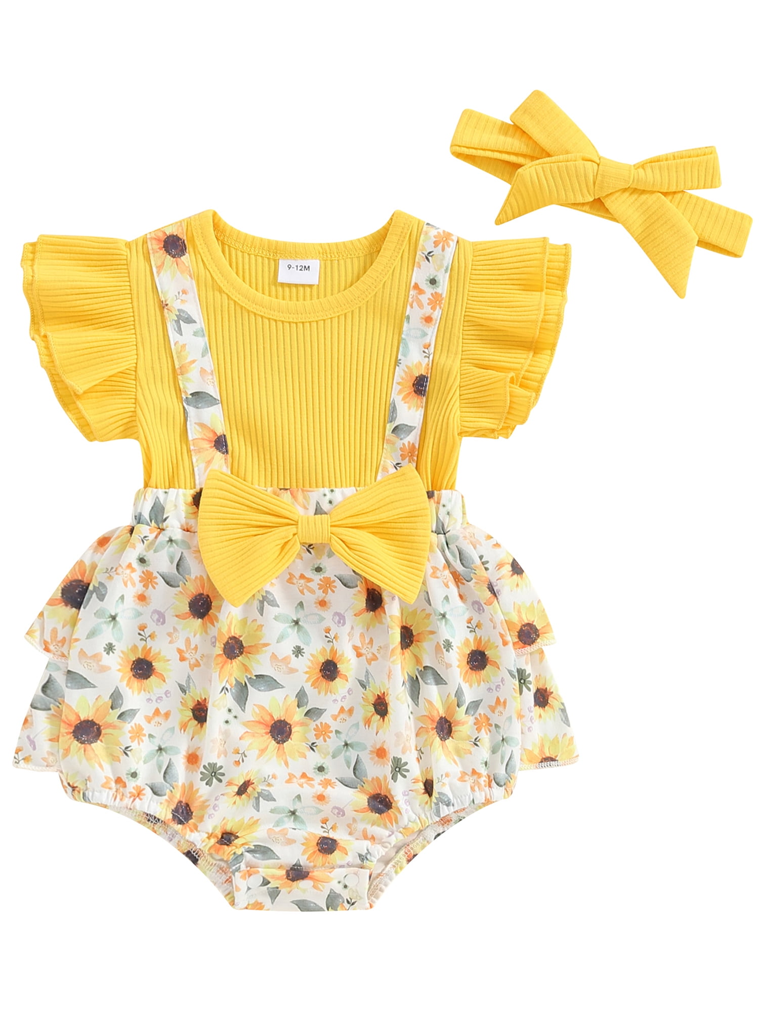 Mevireiy Baby Girl Sunflower Bow Knot Bubble Romper Ribbed Knit Patchwork Onesie Bodysuit ...