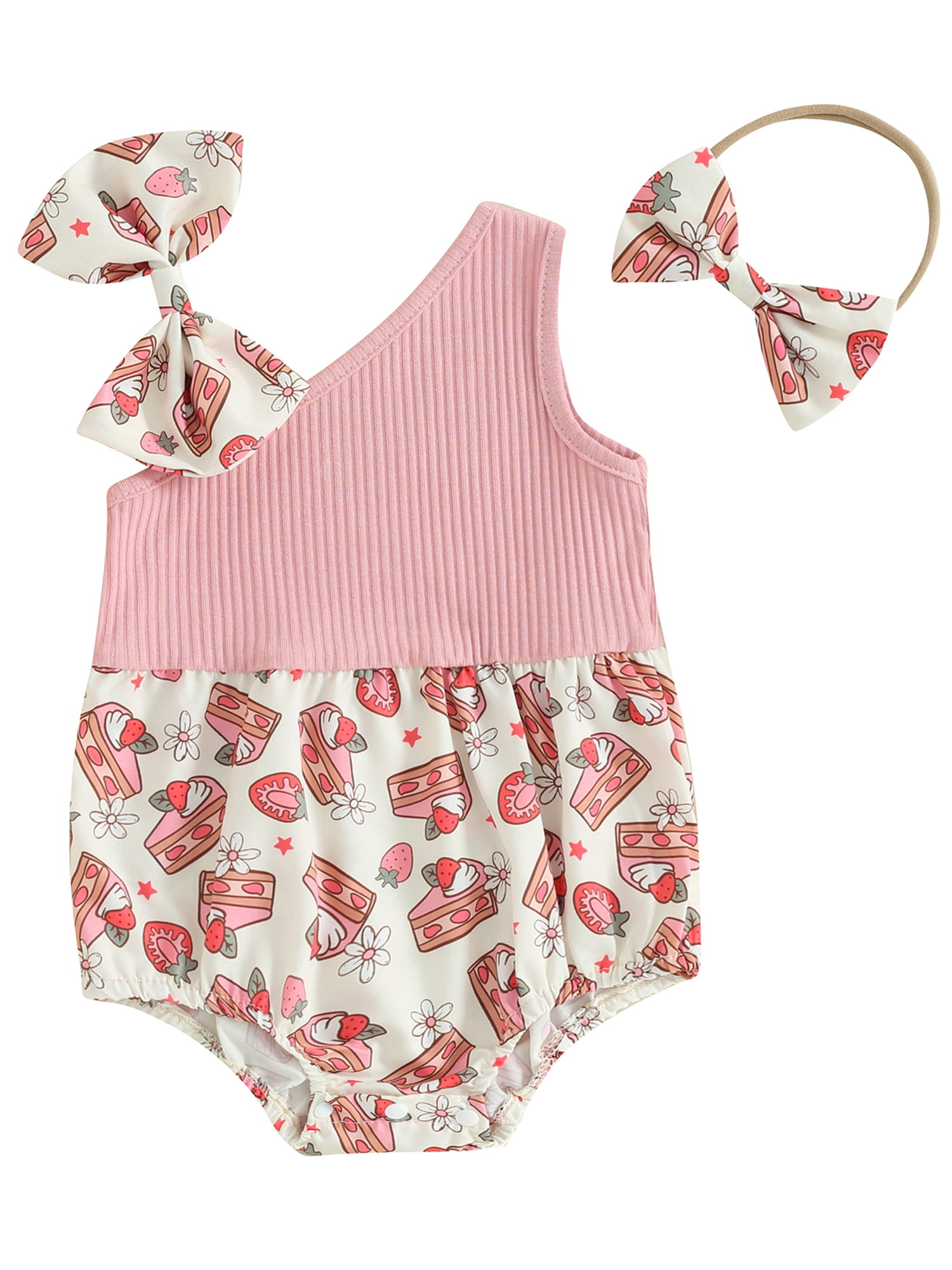 Mevireiy Baby Girls Bubble Romper Ribbed Knit Floral Print Patchwork Onesie Bodysuit, Pink, 12 ...