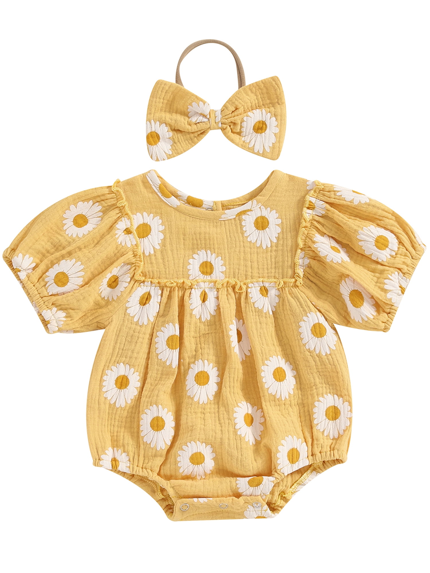 Mevireiy Baby Girls Daisy Bubble Romper Short Sleeve Onesie Bodysuit Summer Outfits,Yellow,0-3 ...