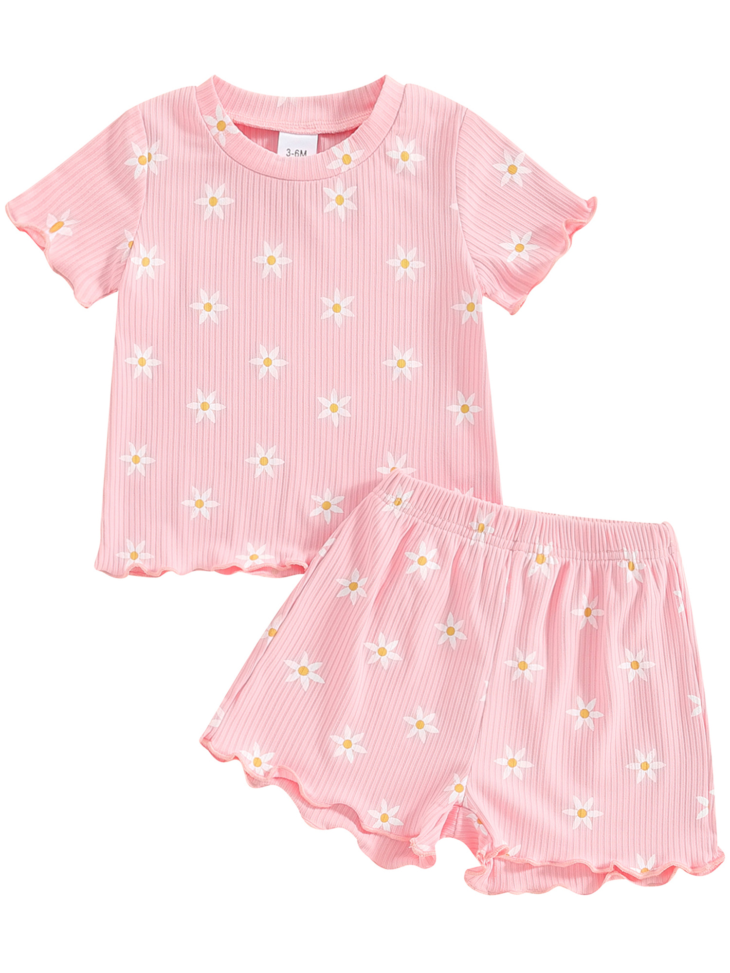 Mevireiy Baby Girls Outfits Ribbed Knit Floral Print Lettuce Trim T Shirt Tops Shorts, Pink, 3-4 ...