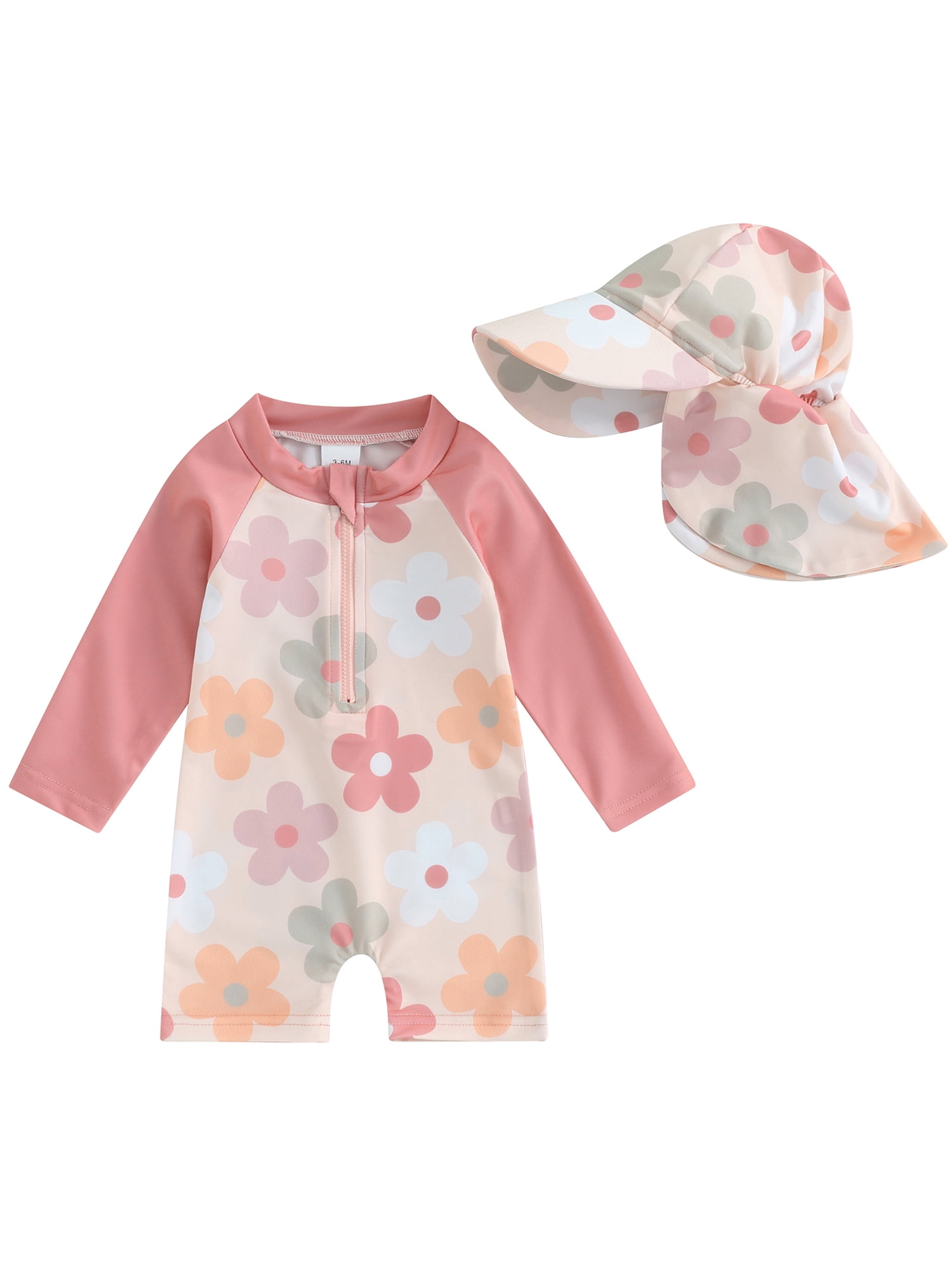 Mevireiy Baby Girls Rash Guard Swimsuit Shell Print Long Sleeve Zipper Bathing Suit Hat, Pink, 3 ...