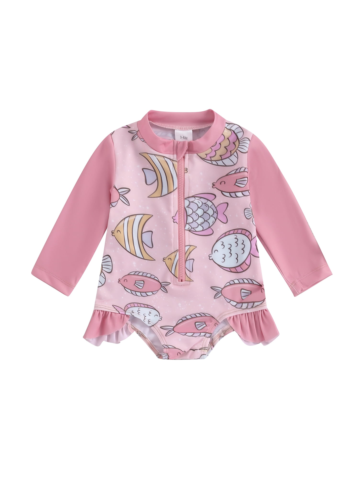 Mevireiy Baby Girls Rash Guard Swimwear Long Sleeve Zipper Ruffles One Piece Bathing Suit,Pink,6 ...