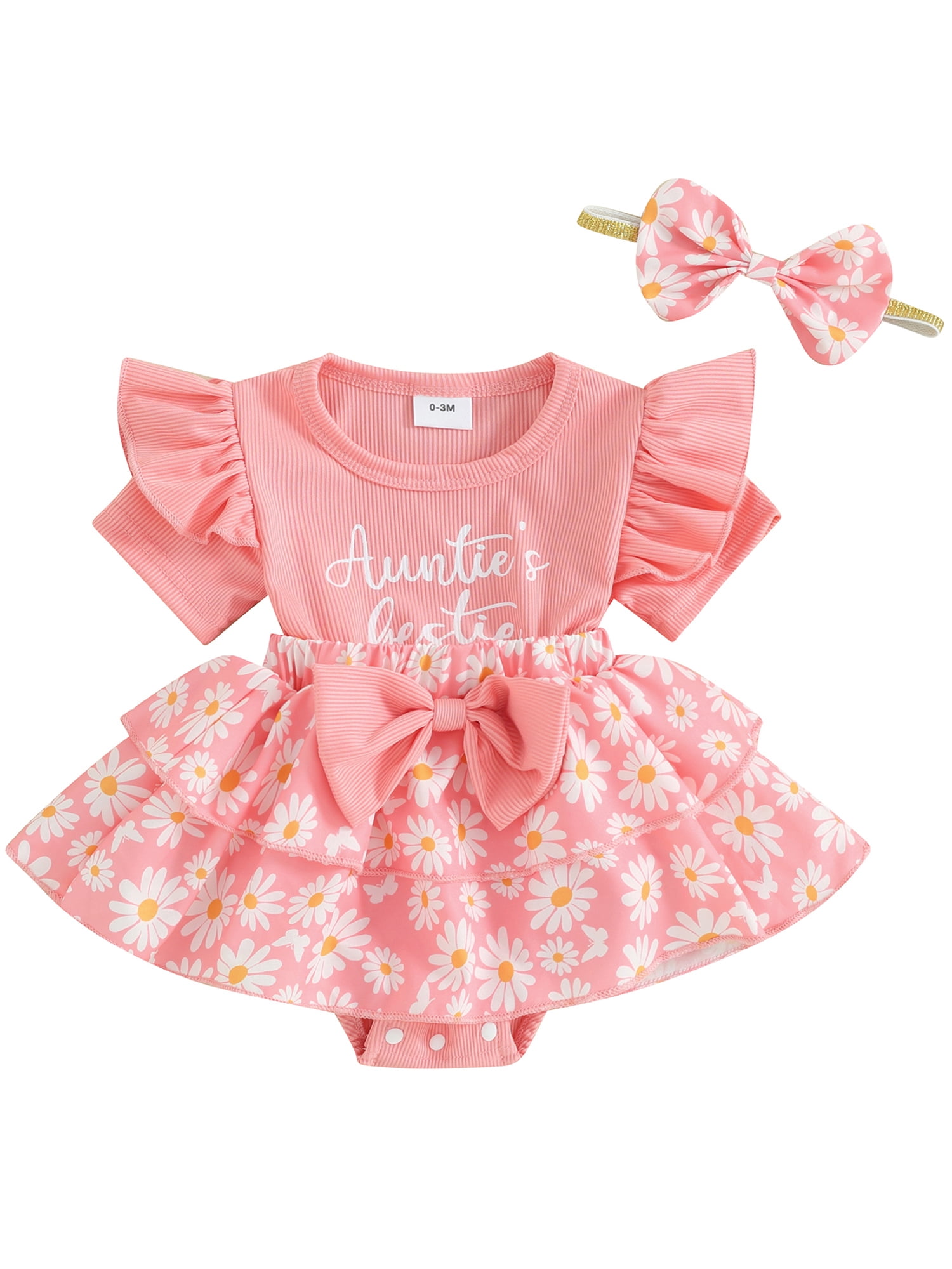 Mevireiy Baby Girls Ribbed Knit Romper Daisy Floral Print Patchwork Skirt Hem Bodysuit, Pink, 6 ...