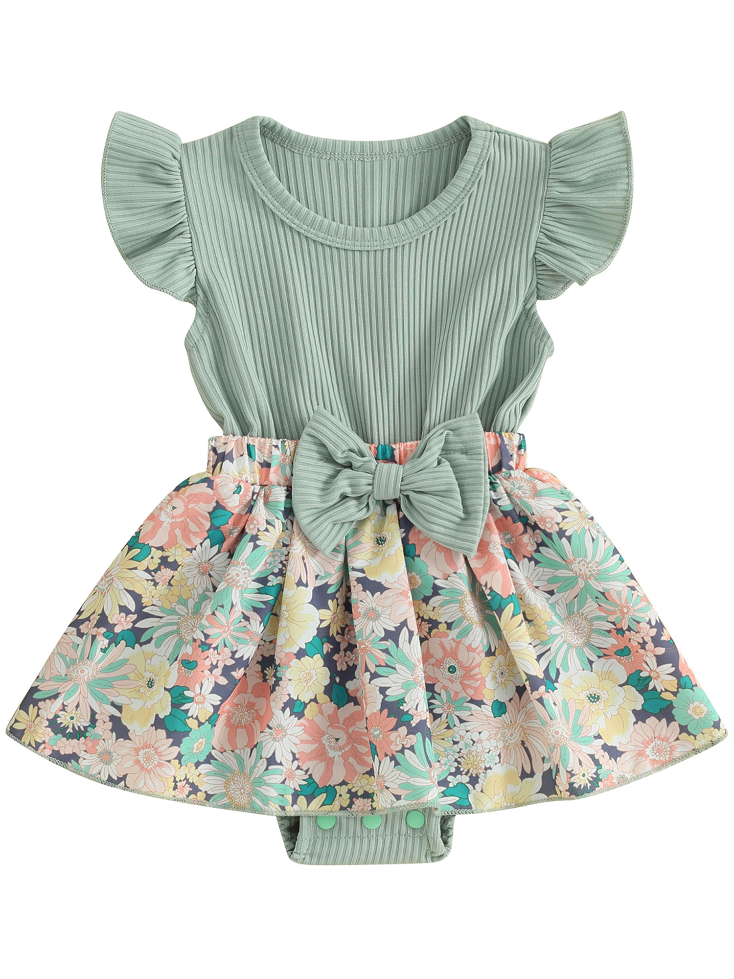 Mevireiy Baby Girls Ribbed Knit Romper Dress Fly Sleeve Floral Print Patchwork Bodysuit,Green,0 ...