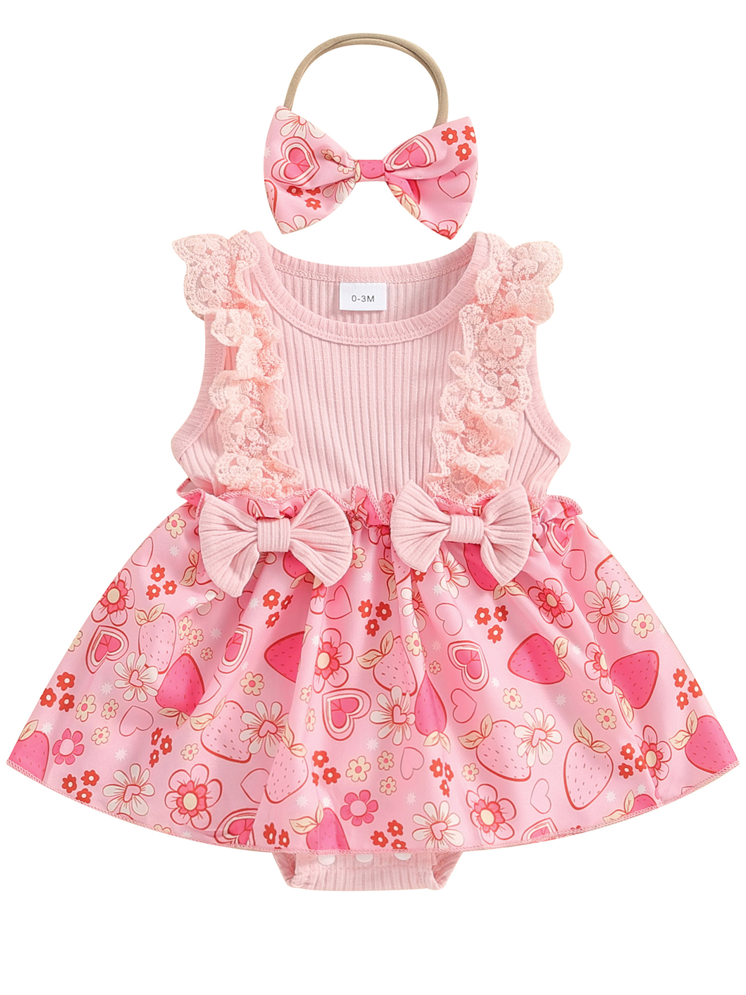 Mevireiy Baby Girls Ribbed Knit Romper Dress Strawberry Floral Print Skirt Hem Bodysuit, Pink, 9 ...