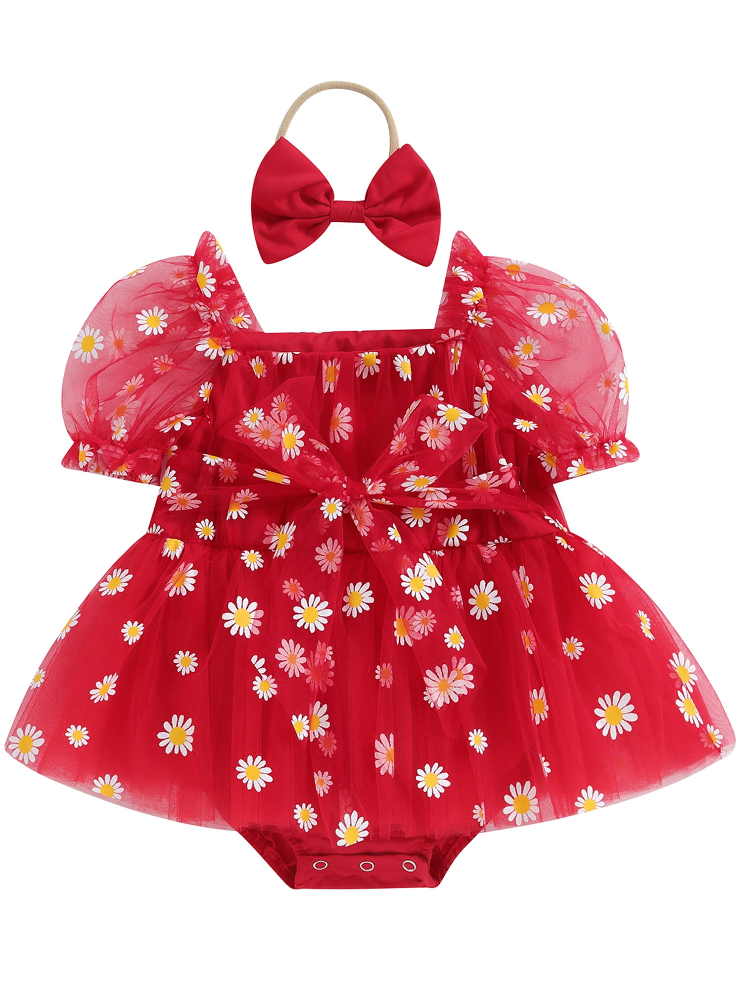 Mevireiy Baby Girls Romper Dress Daisy Floral Print Short Puff Sleeve Mesh Hem Bodysuit, Red, 12 ...
