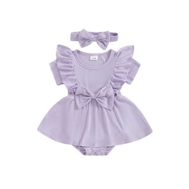 Mevireiy Baby Girls Romper Dress Solid Color Ribbed Knit Ruffled Skirt Hem Bodysuit,Purple,0-3 ...