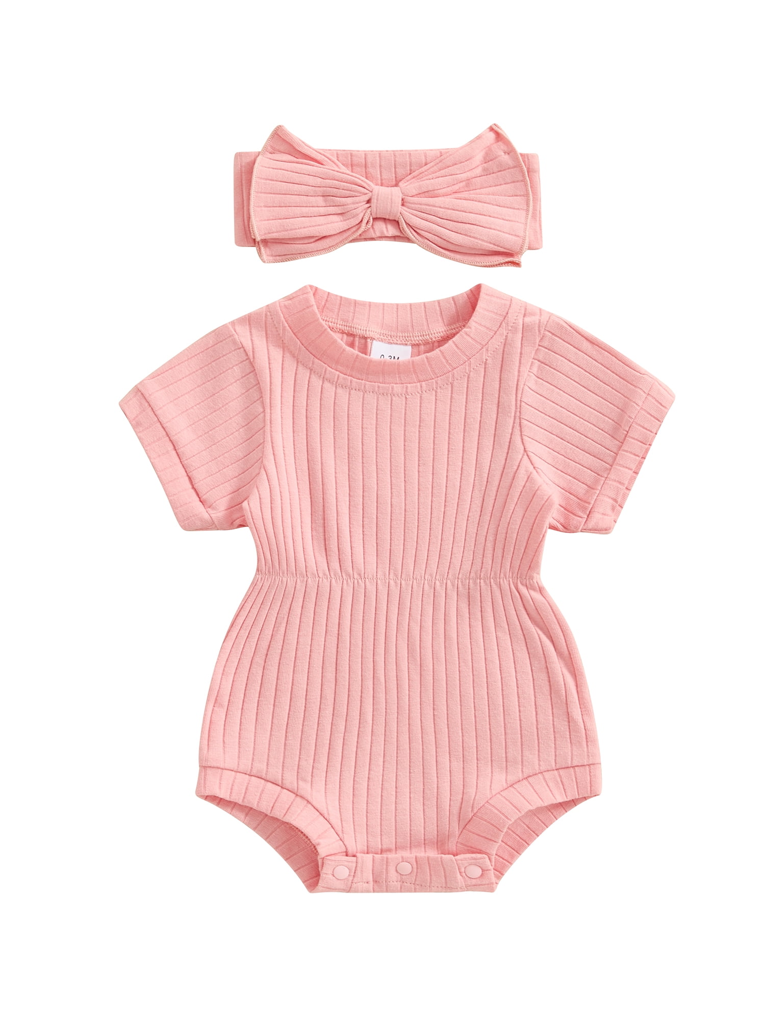 Mevireiy Baby Girls Romper Ribbed Knit Solid Color Short Sleeve Onesie Bodysuit Outfits,Pink,0-3 ...