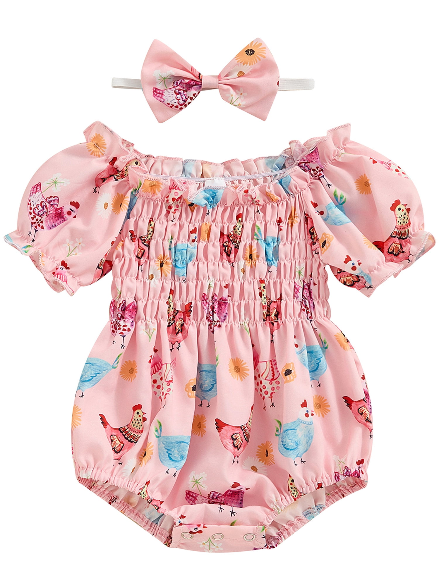 Mevireiy Baby Girls Ruched Bubble Romper Cartoon Chicken Print off the Shoulder Bodysuit, Pink ...