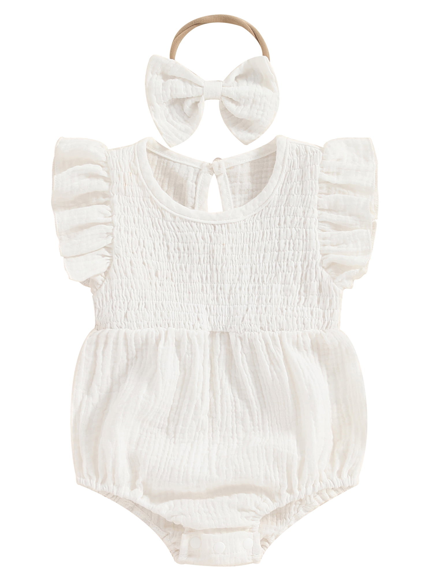 Mevireiy Baby Girls Ruched Bubble Romper Solid Color Fly Sleeve Onesie Bodysuit Outftis,White,0 ...