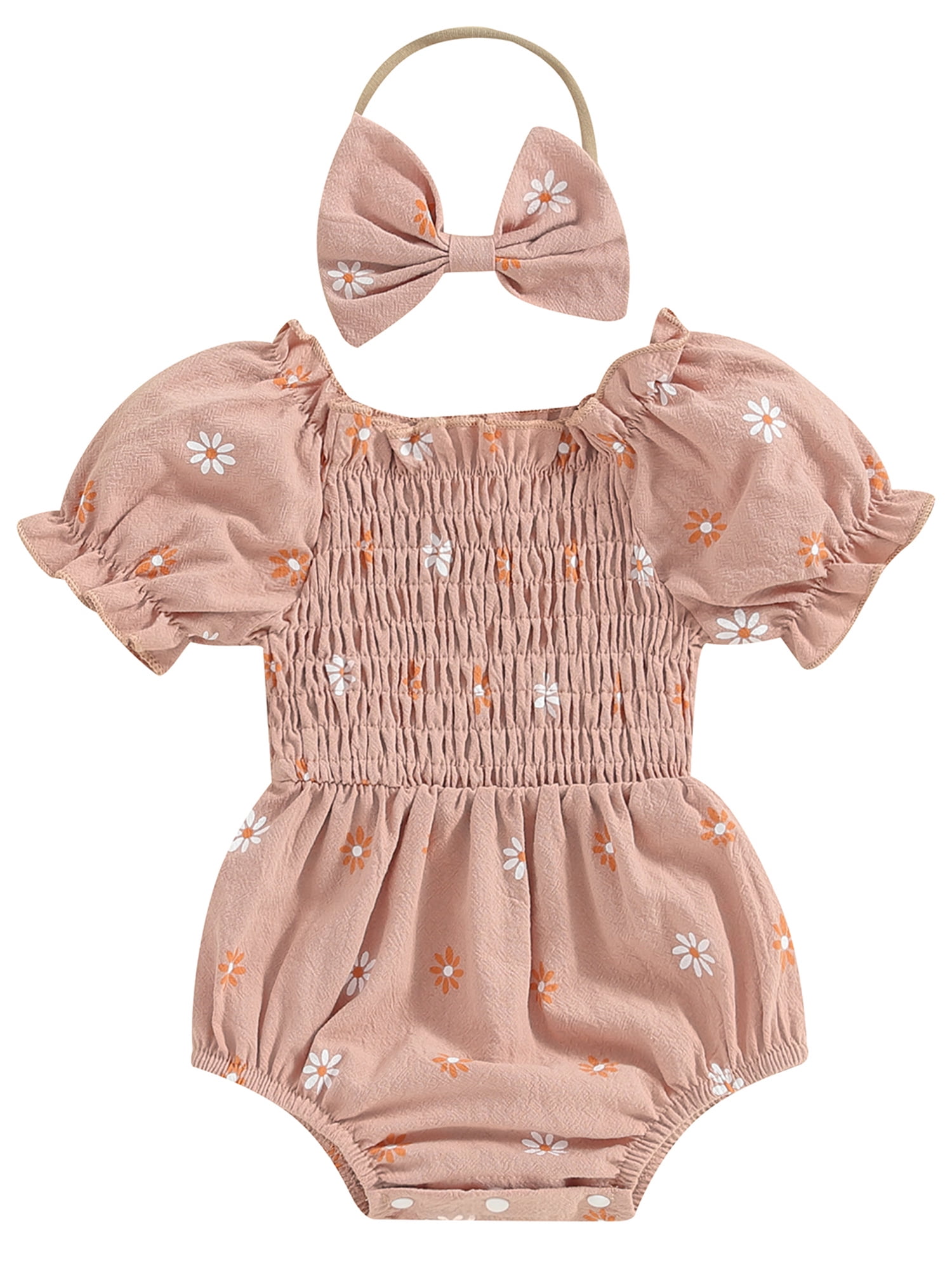 Mevireiy Baby Girls Ruched Romper Boho Floral Print Bubble Onesie Bodysuit Outfits, Pink, 12-18 ...