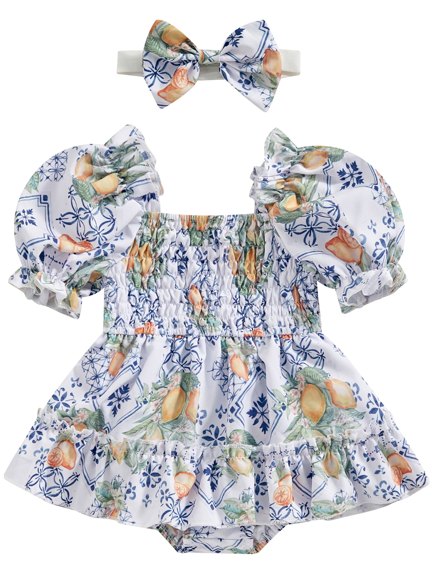 Mevireiy Baby Girls Ruched Romper Dress Strawberry Floral Print Tutu Skirt Hem Bodysuit, Yellow ...