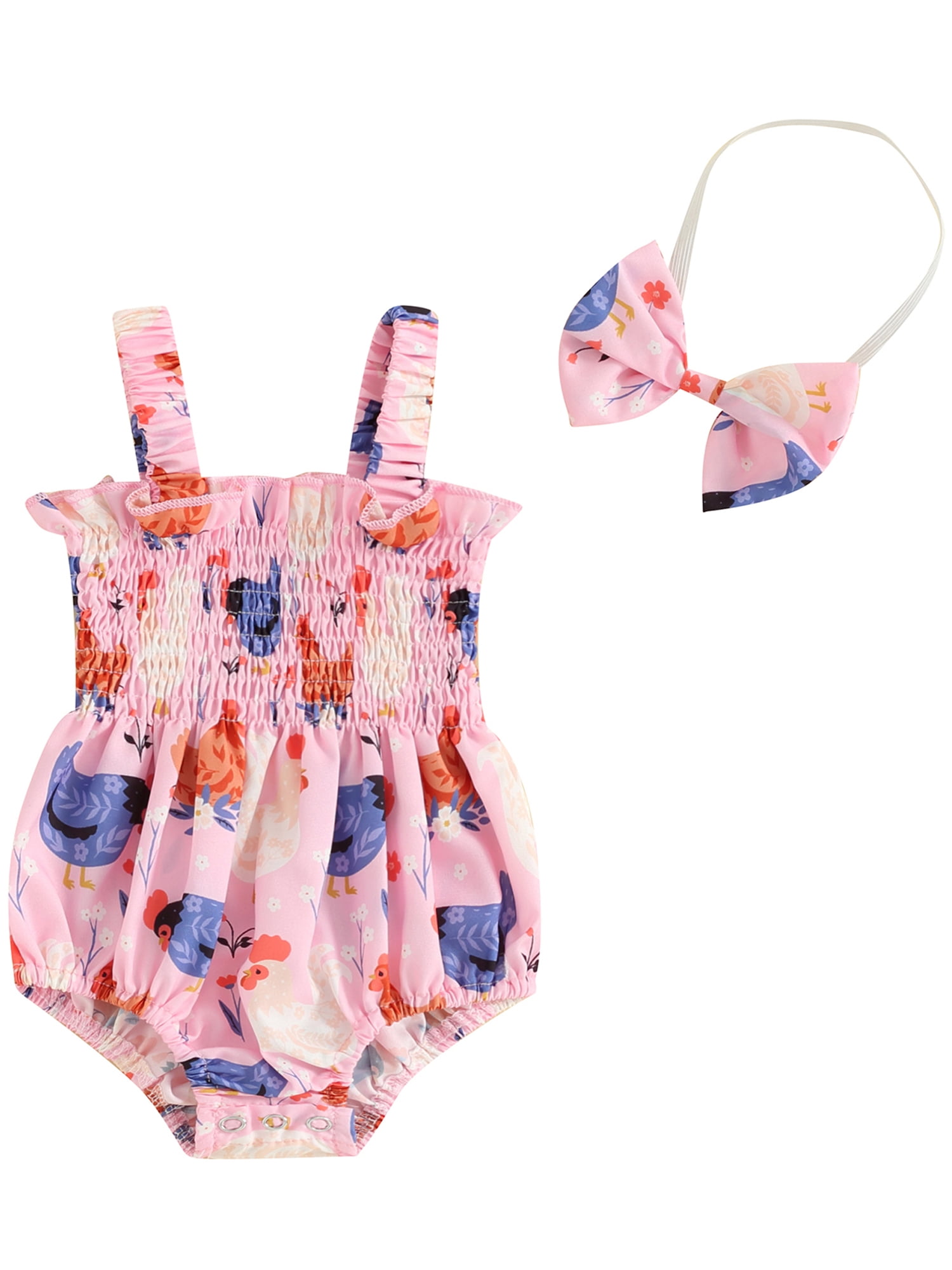 Mevireiy Baby Girls Ruched Romper Sleeveless Halter Chick Print Onesie Bodysuit Outfits,Pink,3-6 ...